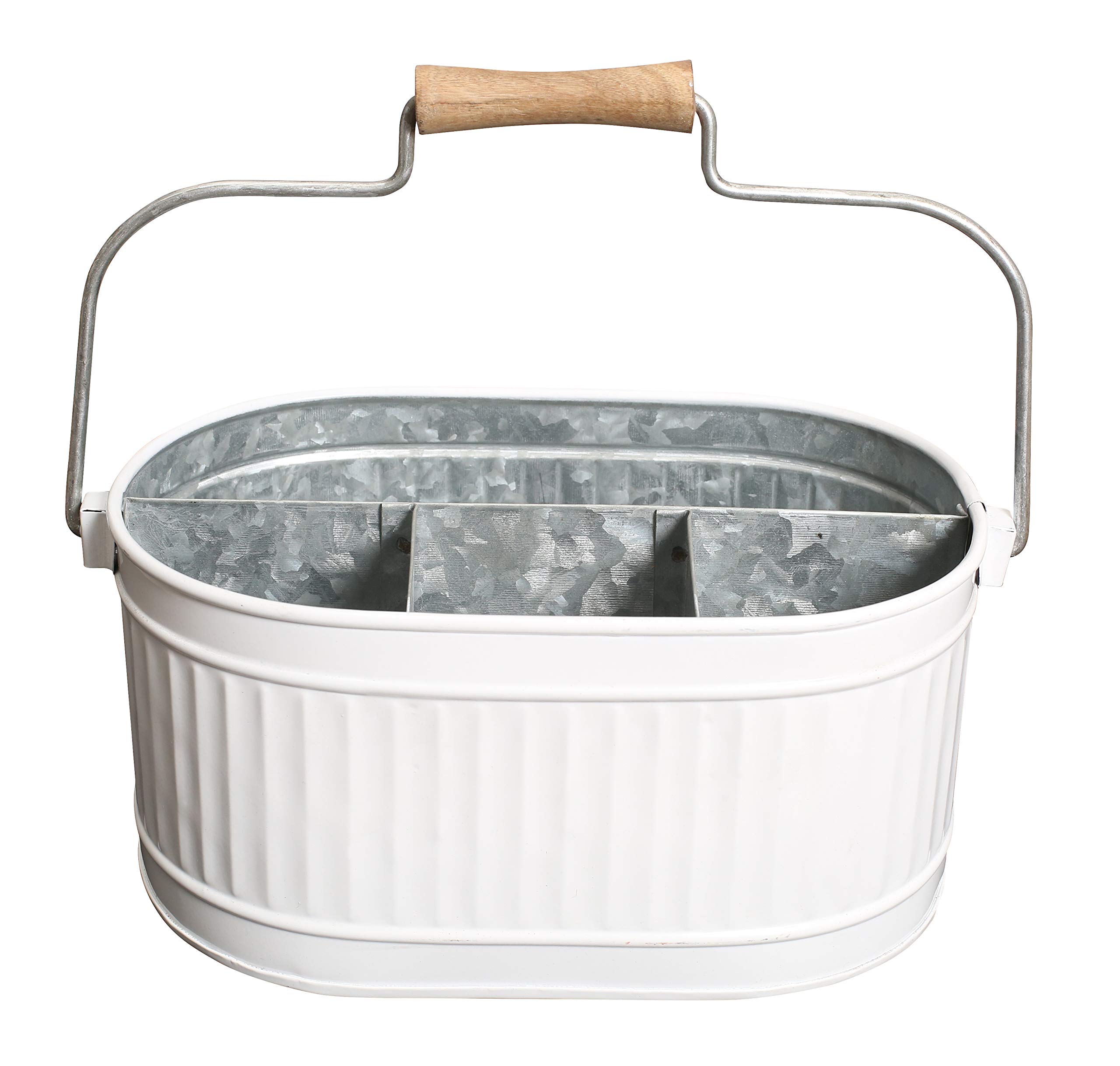 Utensil Caddy Carry-All Serveware - Galvanized Metal Organizer for Kitchen Counter - Comfortable Wooden Handle Indoor/Outdoor Storage For Flatware, Condiments, Party Cutlery, Arts - Gray/White