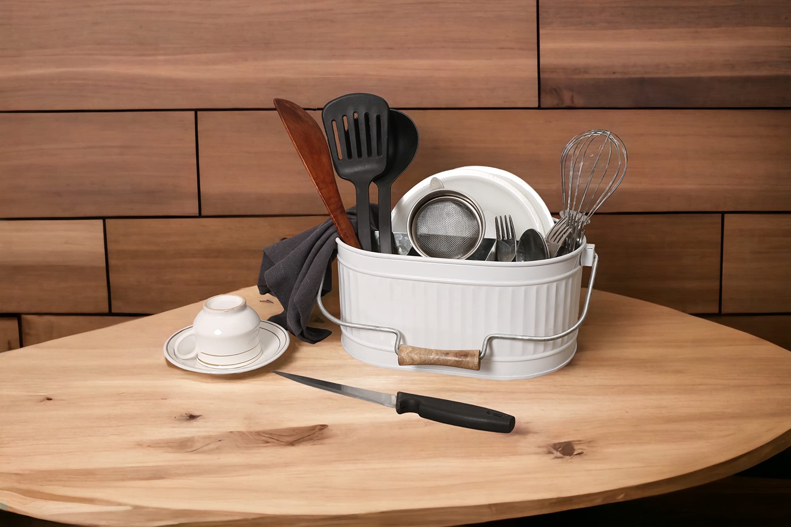 Utensil Caddy Carry-All Serveware - Galvanized Metal Organizer for Kitchen Counter - Comfortable Wooden Handle Indoor/Outdoor Storage For Flatware, Condiments, Party Cutlery, Arts - Gray/White