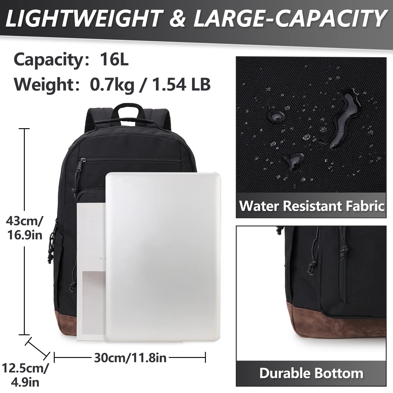 Backpack for Men Women,Vonxury Water-resistant 15.6 Inch Laptop Bookbag for School Work Travel (Black)