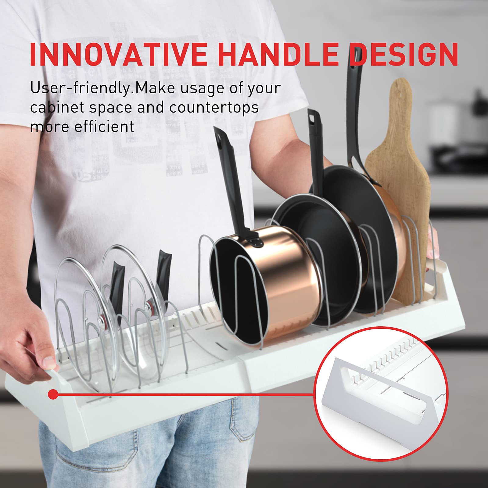 QTOP Expandable Pots and Pans Organizer, Pan Organizer Rack for Cabinet, with 10 Adjustable Compartments for Kitchen Cabinet Pot lid and Pan Cookware Baking Frying Rack,Bakeware Lid Plate Holder