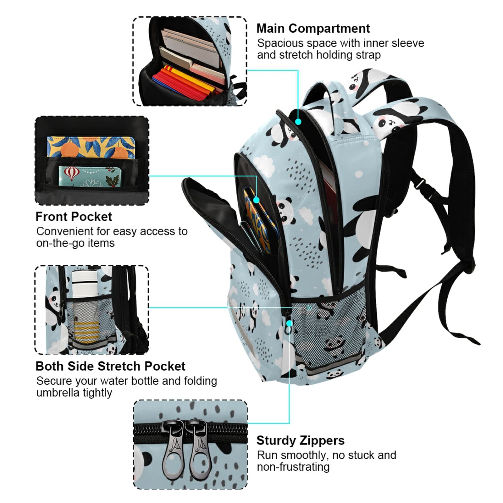Panda Blue Backpack for Boys Girls Schoolbag Laptop Book Bags for School Students Casual Daypack Rucksack for Teens Travel