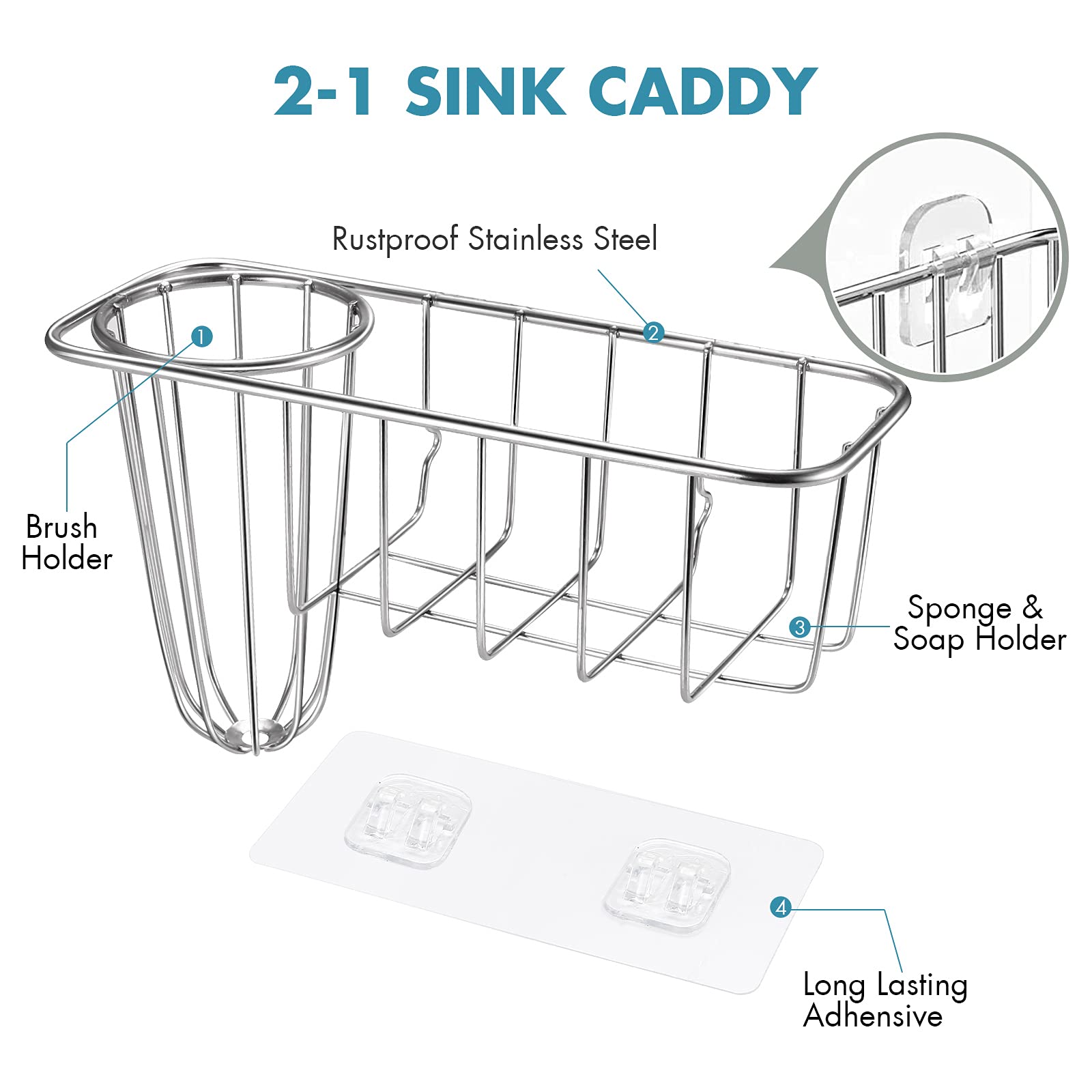 Sponge Holder Sink Caddy, BOJODPIE 2-in-1 Dish Brush Holder & Sponge Holder, Stainless Steel Kitchen Sink Organizer, Adhesive Installation No Drilling