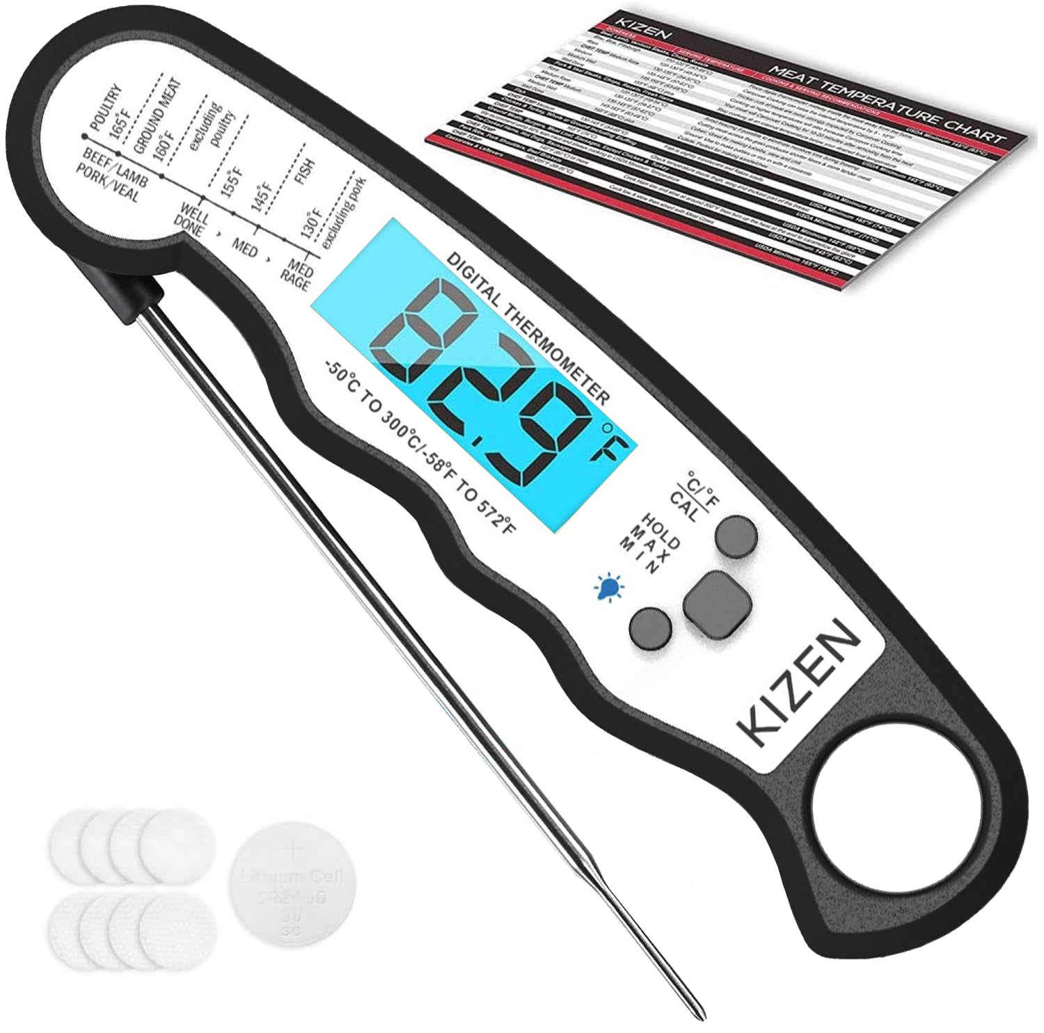 KIZEN Digital Meat Thermometer with Probe - Waterproof, Kitchen Instant Read Food Thermometer for Cooking, Baking, Liquids, Candy, Grilling BBQ & Air Fryer - Black/White