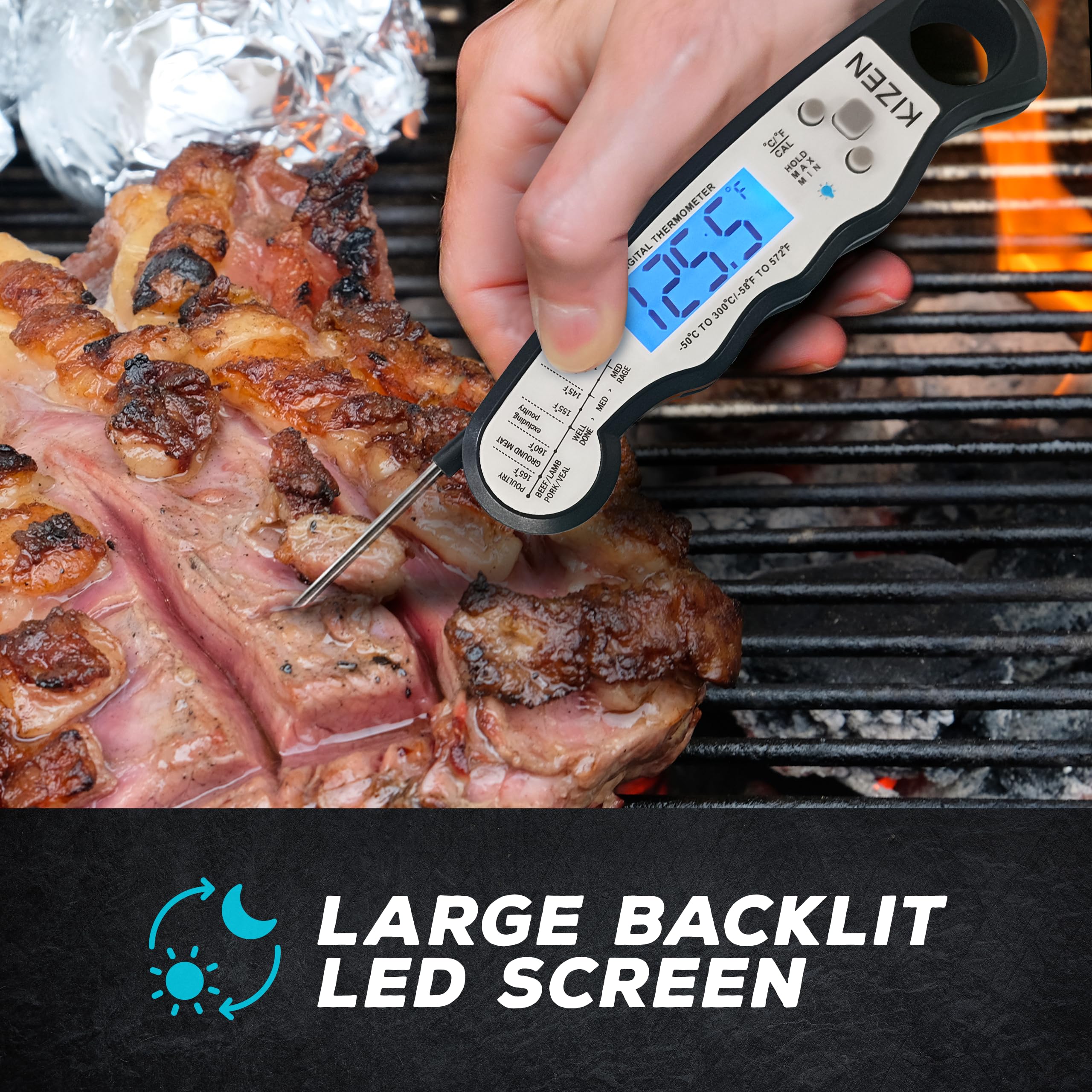 KIZEN Digital Meat Thermometer with Probe - Waterproof, Kitchen Instant Read Food Thermometer for Cooking, Baking, Liquids, Candy, Grilling BBQ & Air Fryer - Black/White