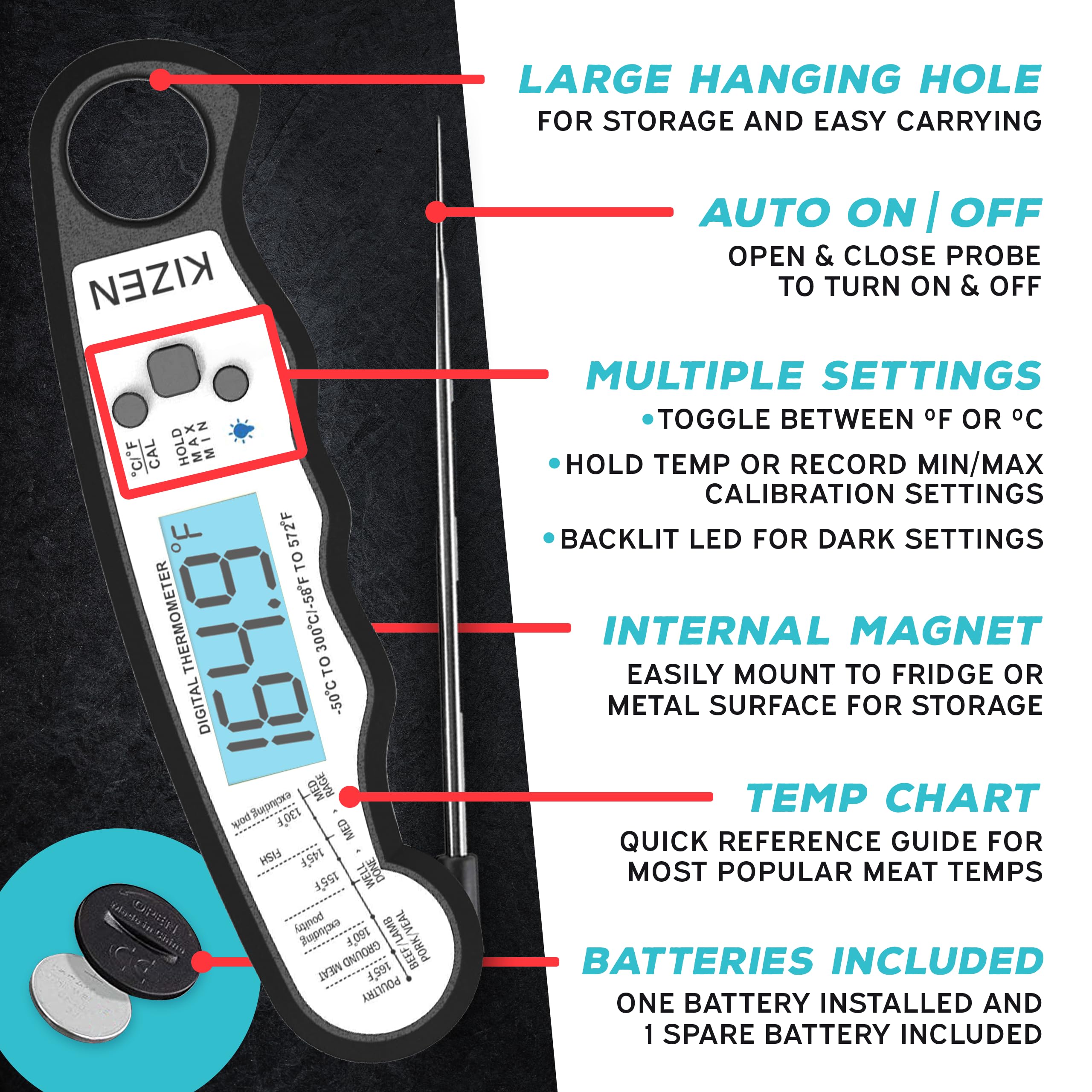 KIZEN Digital Meat Thermometer with Probe - Waterproof, Kitchen Instant Read Food Thermometer for Cooking, Baking, Liquids, Candy, Grilling BBQ & Air Fryer - Black/White