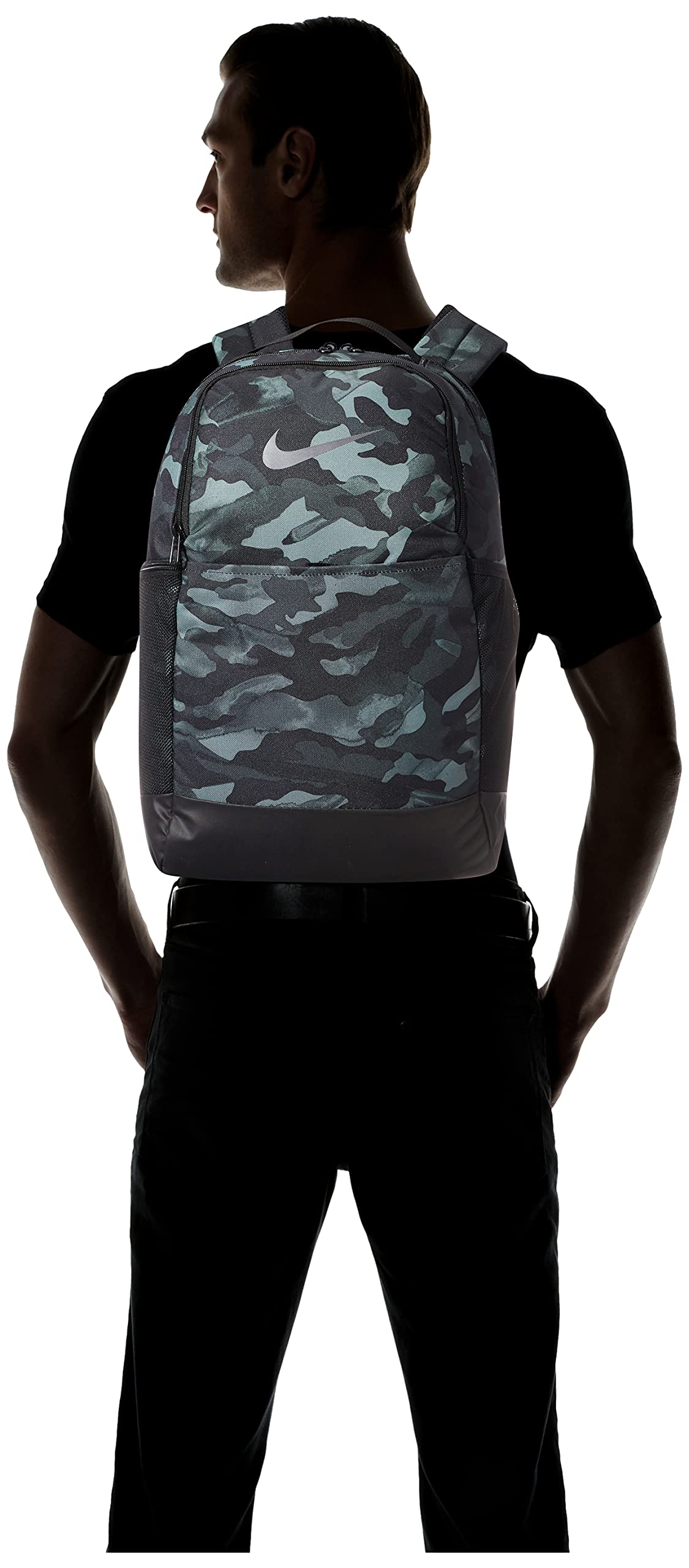 Nike Brasilia 9.0 All Over Print Medium Backpack, BA6334-077 (Light Solar Flare Heather/Black/Metallic Cool Grey)