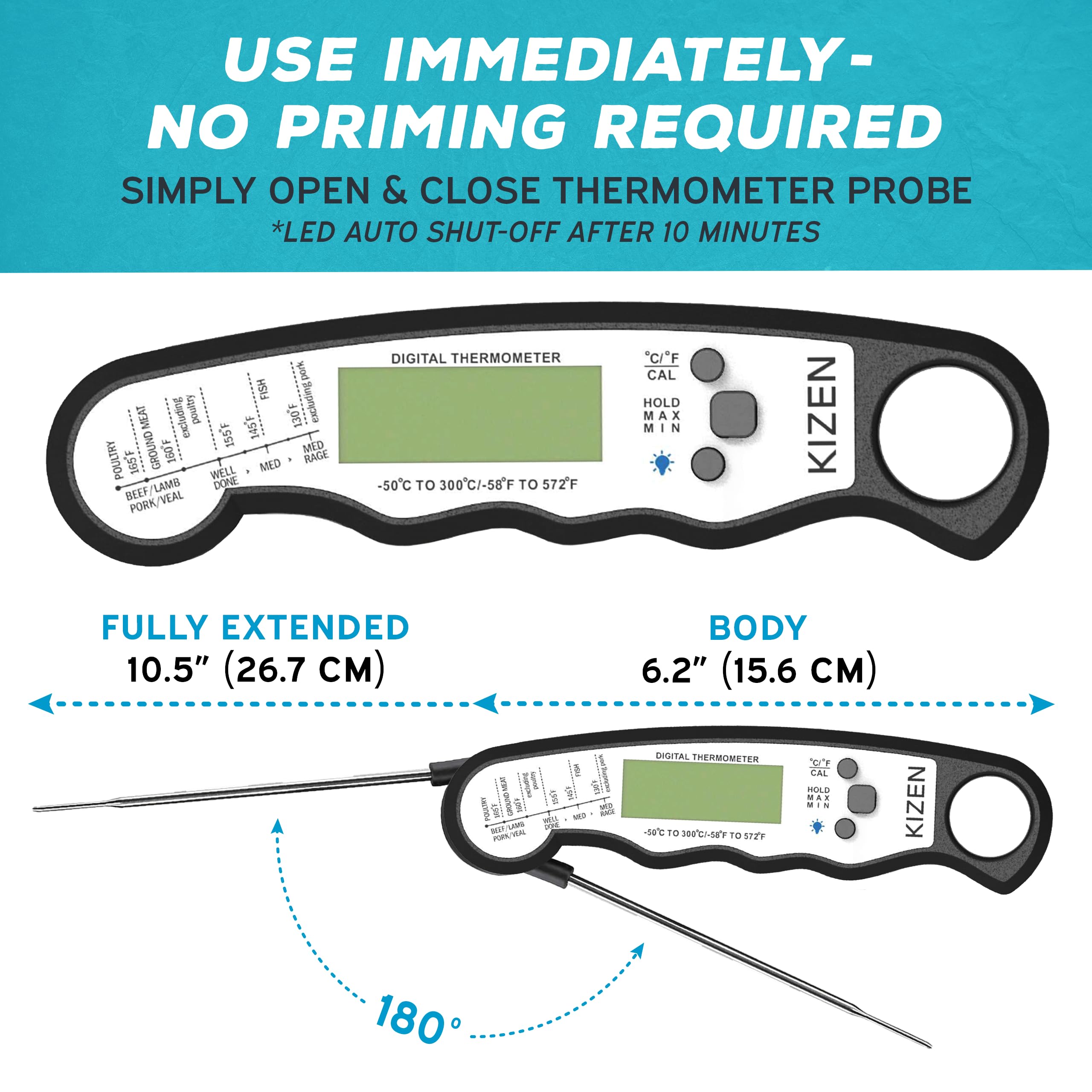 KIZEN Digital Meat Thermometer with Probe - Waterproof, Kitchen Instant Read Food Thermometer for Cooking, Baking, Liquids, Candy, Grilling BBQ & Air Fryer - Black/White