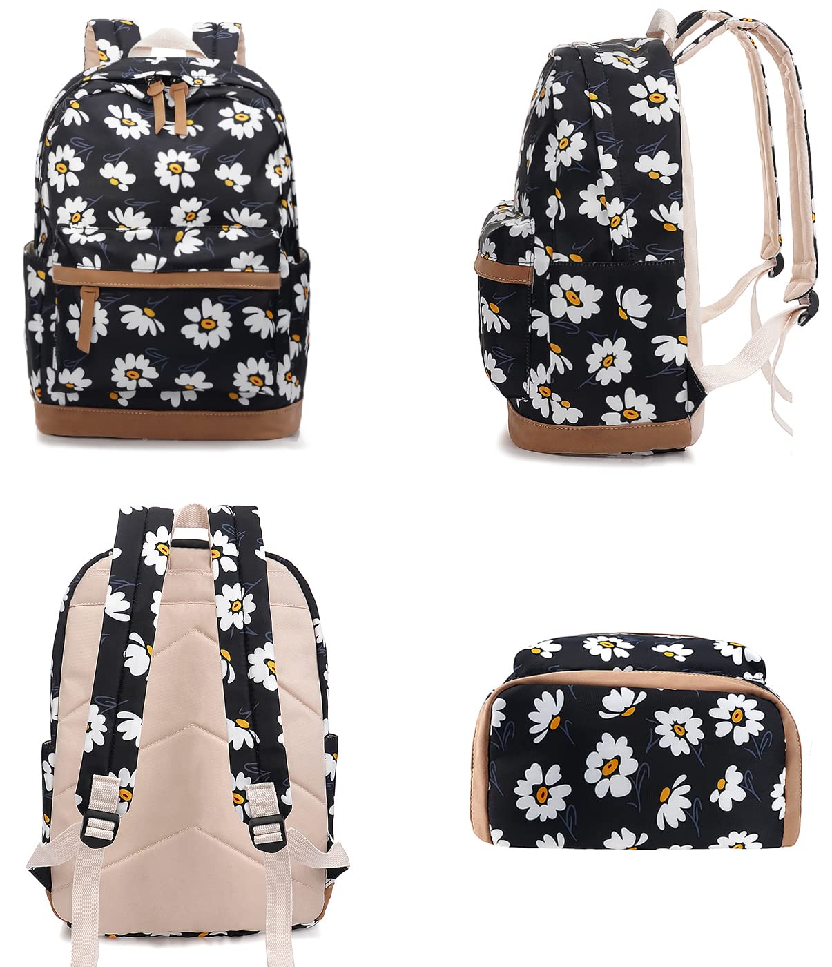 Xinveen Floral Laptop Backpack Rose School Bag Bookbags Lightweight Water Resistant Backpack for Womens Travel Black