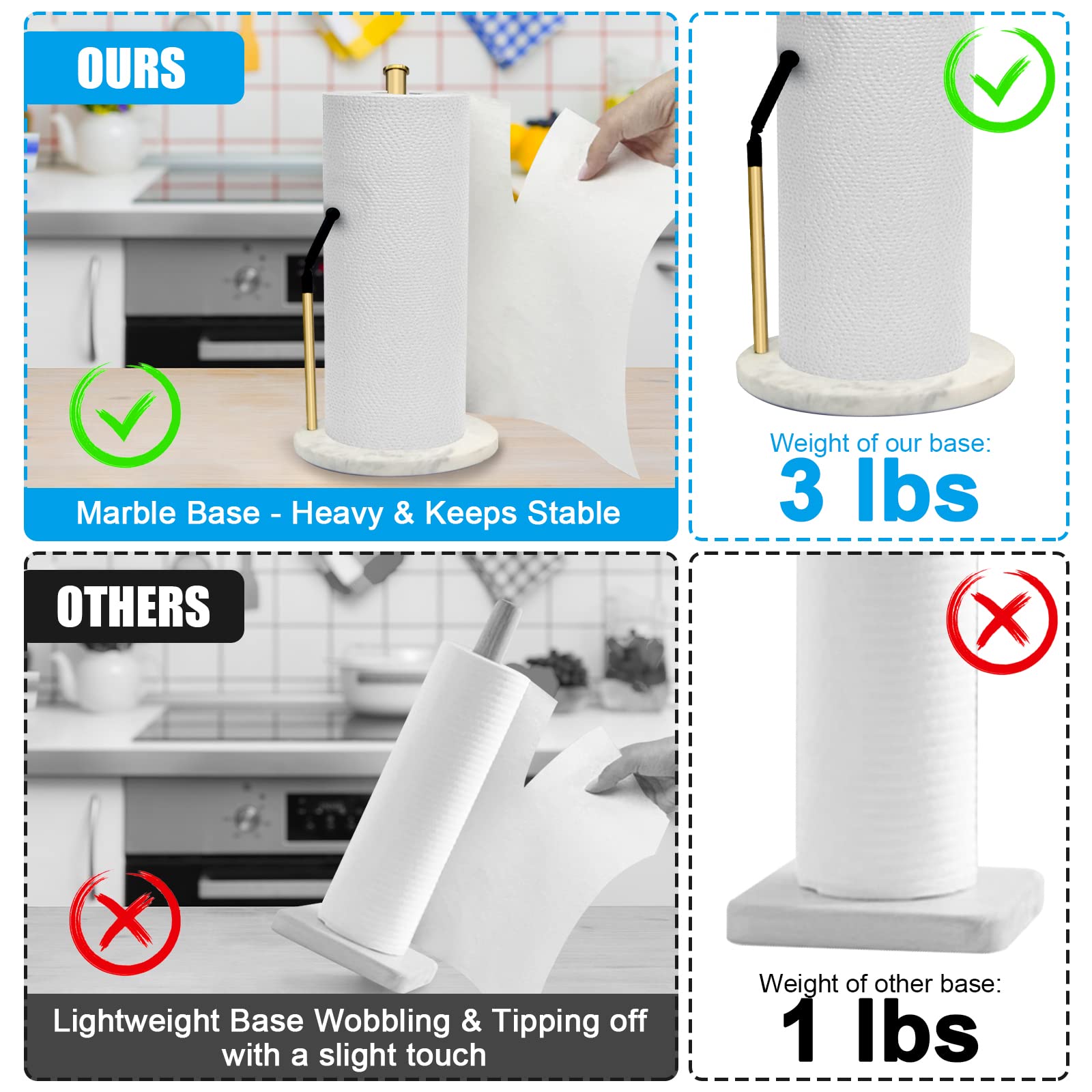 Gold Paper Towel Holder Countertop with Heavy Marble Base,Tension Arm Standing Paper Towel Rack for Easy One-Handed Operation,Rusts-Proof Sturdy,Fits in Kitchen or for Bathroom