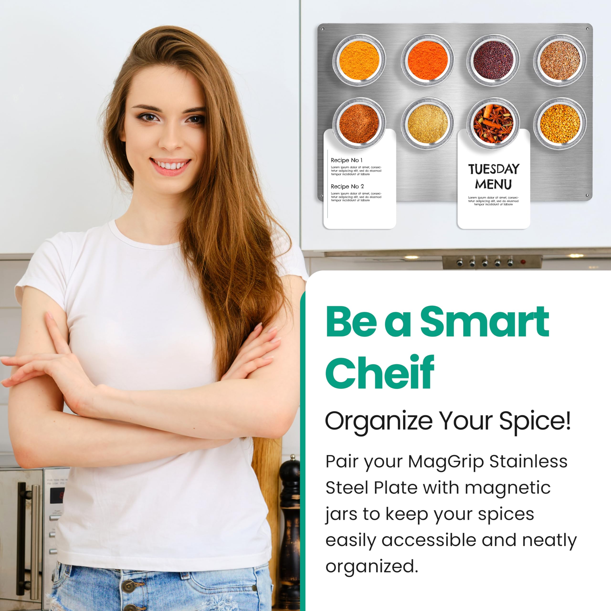MagGrip GripPlate Stainless Steel Plate Spice Jar Grips | Easily attach over 6 Large 6.5 x 9 Inches | Any Space, Any Place not Included