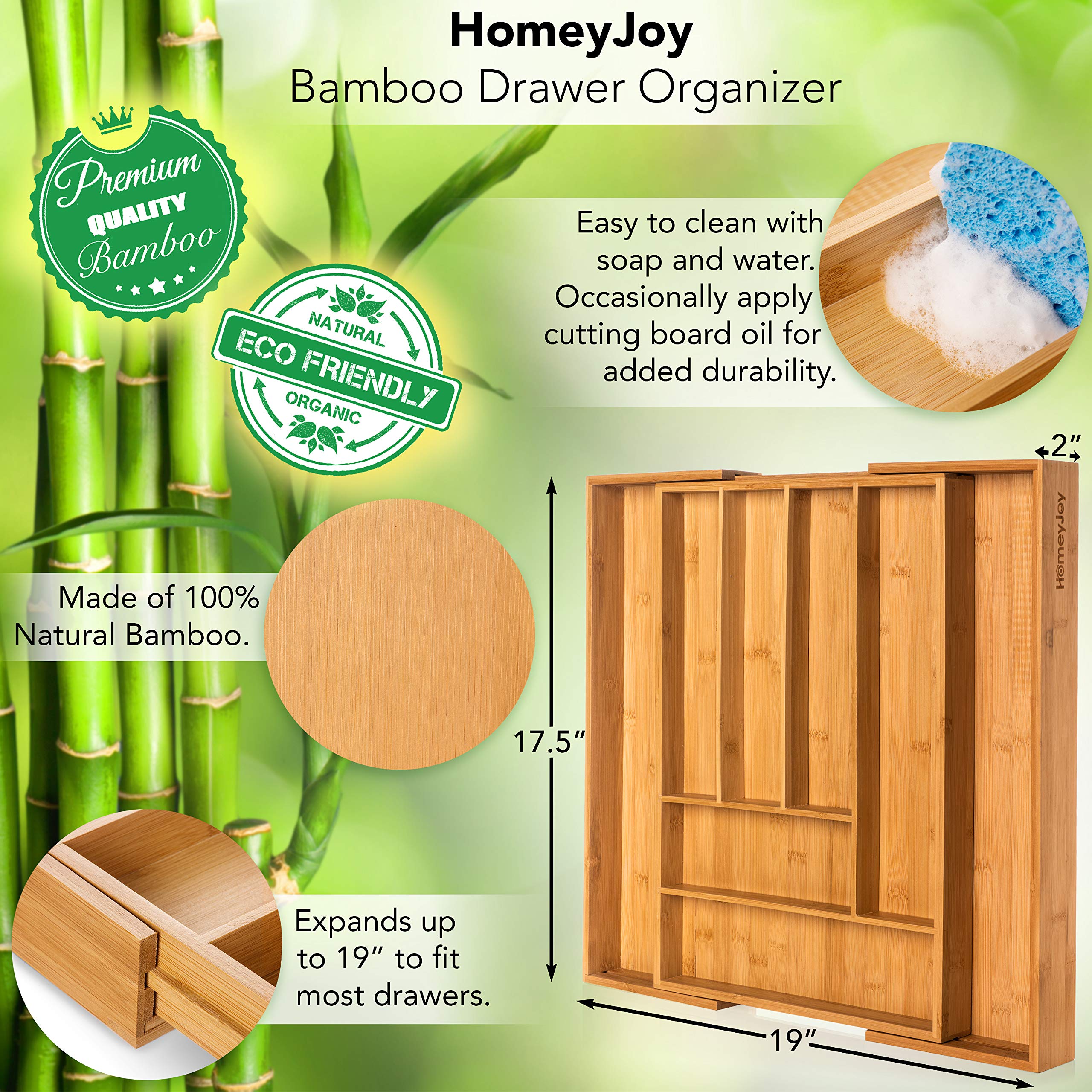 Bamboo Silverware Drawer Organizer - Expandable 100% Bamboo Cutlery Kitchen Drawer Organizer – Premium Wooden Utensil/Cutlery Tray for Kitchen Flatware Set– Eco-Friendly Silverware Organizer