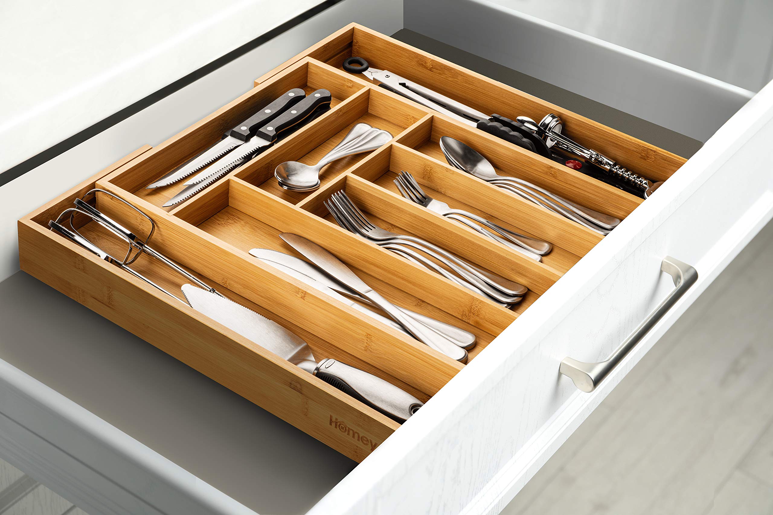 Bamboo Silverware Drawer Organizer - Expandable 100% Bamboo Cutlery Kitchen Drawer Organizer – Premium Wooden Utensil/Cutlery Tray for Kitchen Flatware Set– Eco-Friendly Silverware Organizer