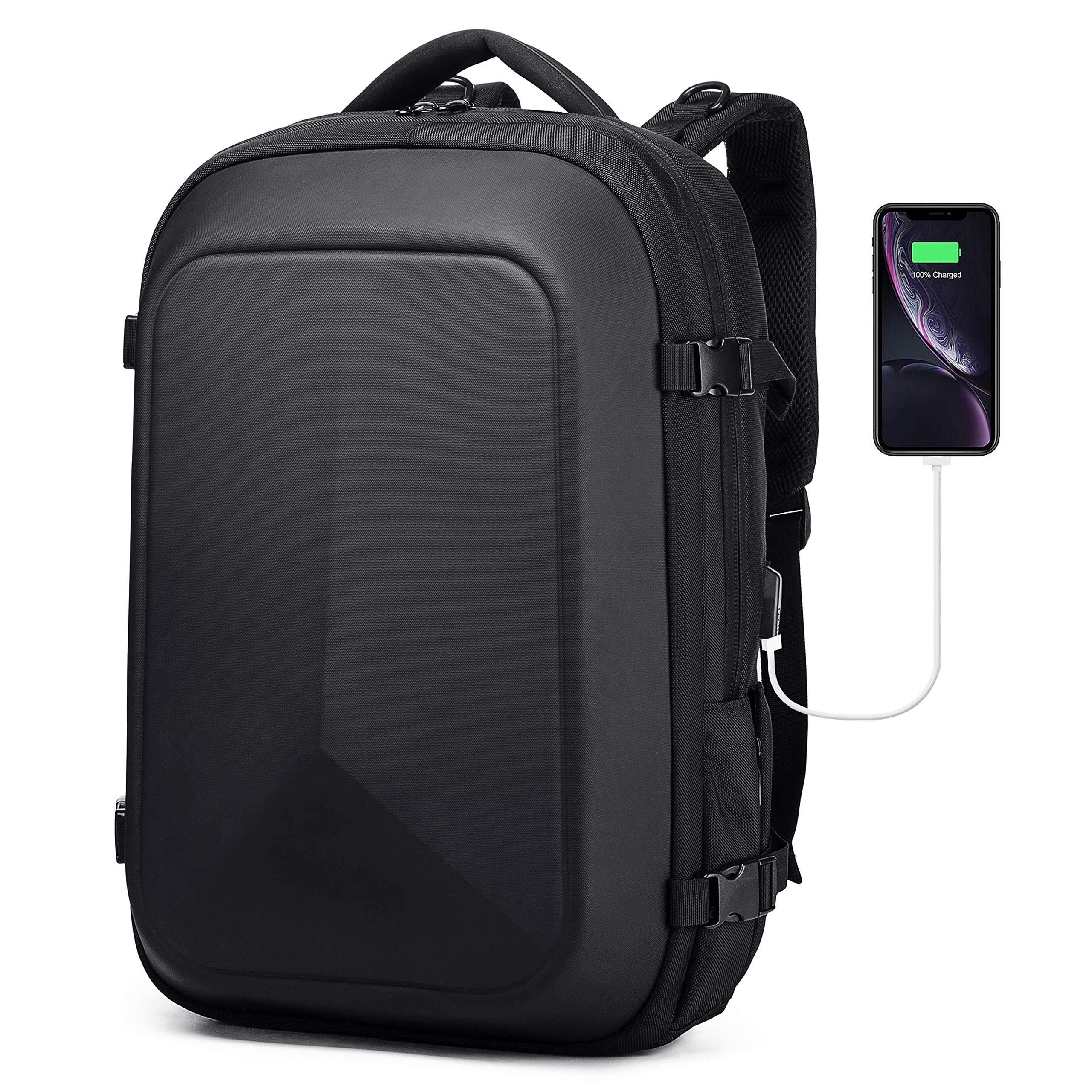 Hard Turtle Shell Motorcycle Backpack Men- Black Large Waterpfoof bagpacks For Racing,Riding,Gaming Hard Laptop bookbags 17 inch With USB Charging Port