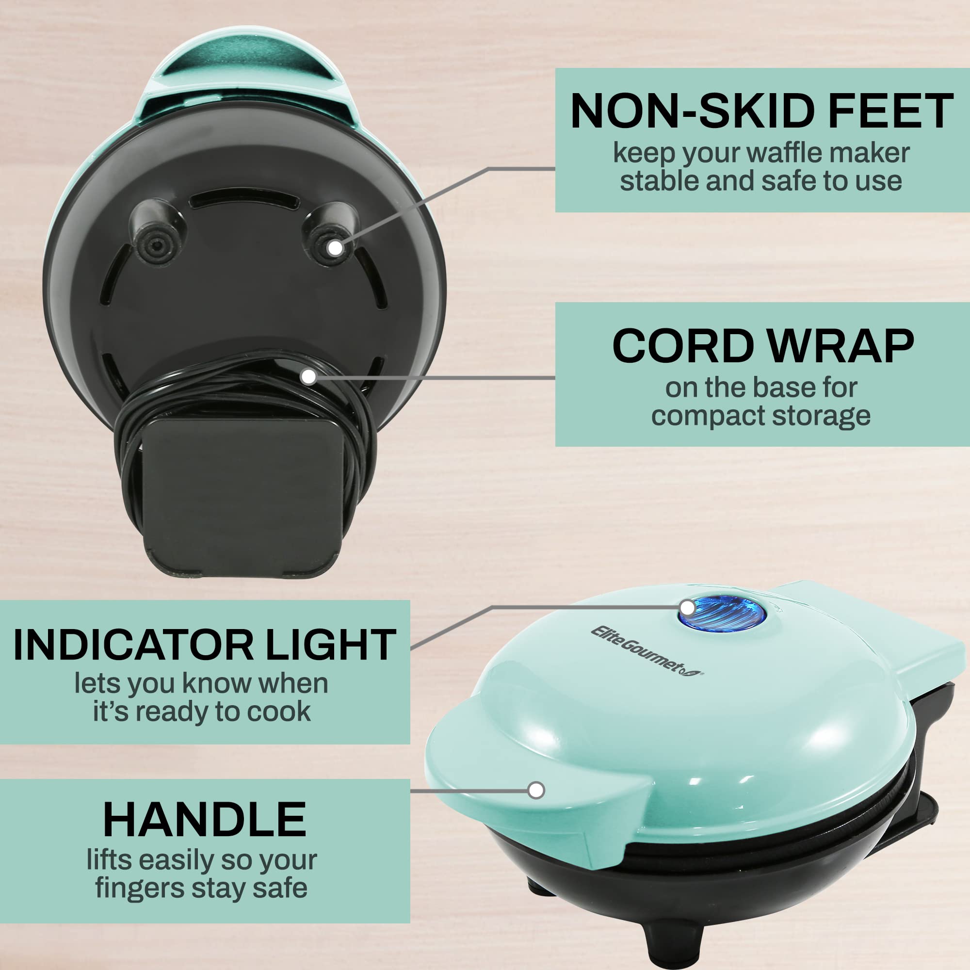 Elite Gourmet EWM015M Electric Nonstick Mini Waffle Maker, Belgian Waffles, Compact Design, Hash Browns, Keto, Snacks, Sandwich, Eggs, Easy to Clean, Mint
