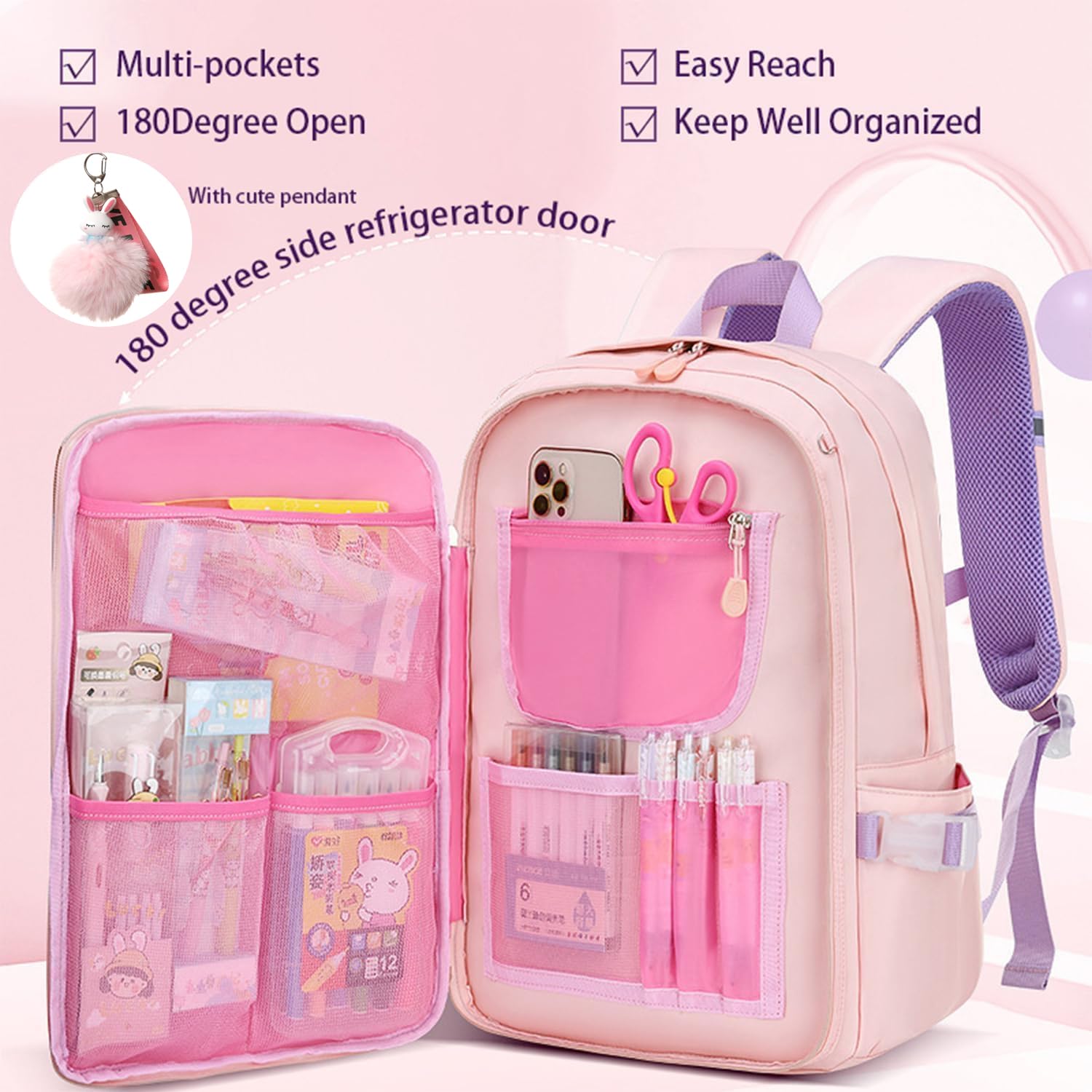Stylifeo Bunny Backpack for Girls Cute Backpack Kawaii School Bookbag for Kindergarten Preschool Elementary(Purple for girl grades 3-6)