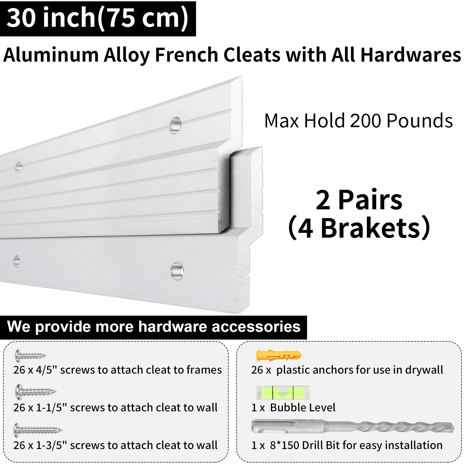 2-Pairs Heavy Duty 30-inch Aluminum French Cleat Hanger, Z Bar Clips Mount for Mirror and Picture, 200-Pound Max Load Secure Wall Mounting Interlocking Brackets Z-Hangers, Hardware Include
