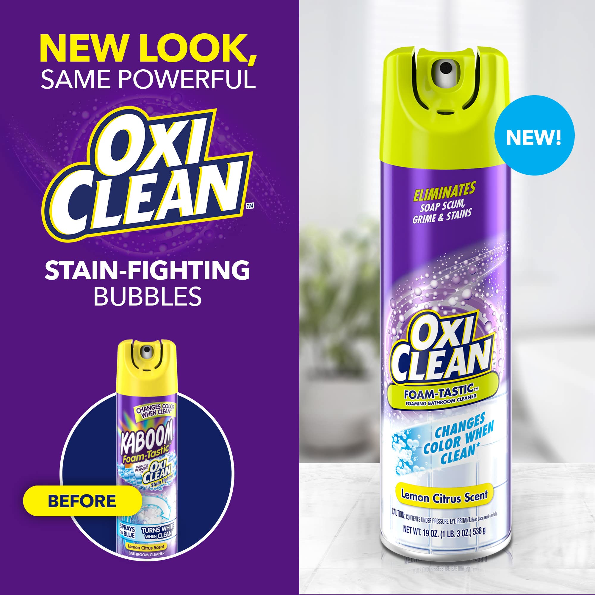 OxiClean Foam-Tastic™ Foaming Bathroom Cleaner, Citrus Scent, Eliminates Soap Scum, Grime and Stains, 19 oz Spray Can