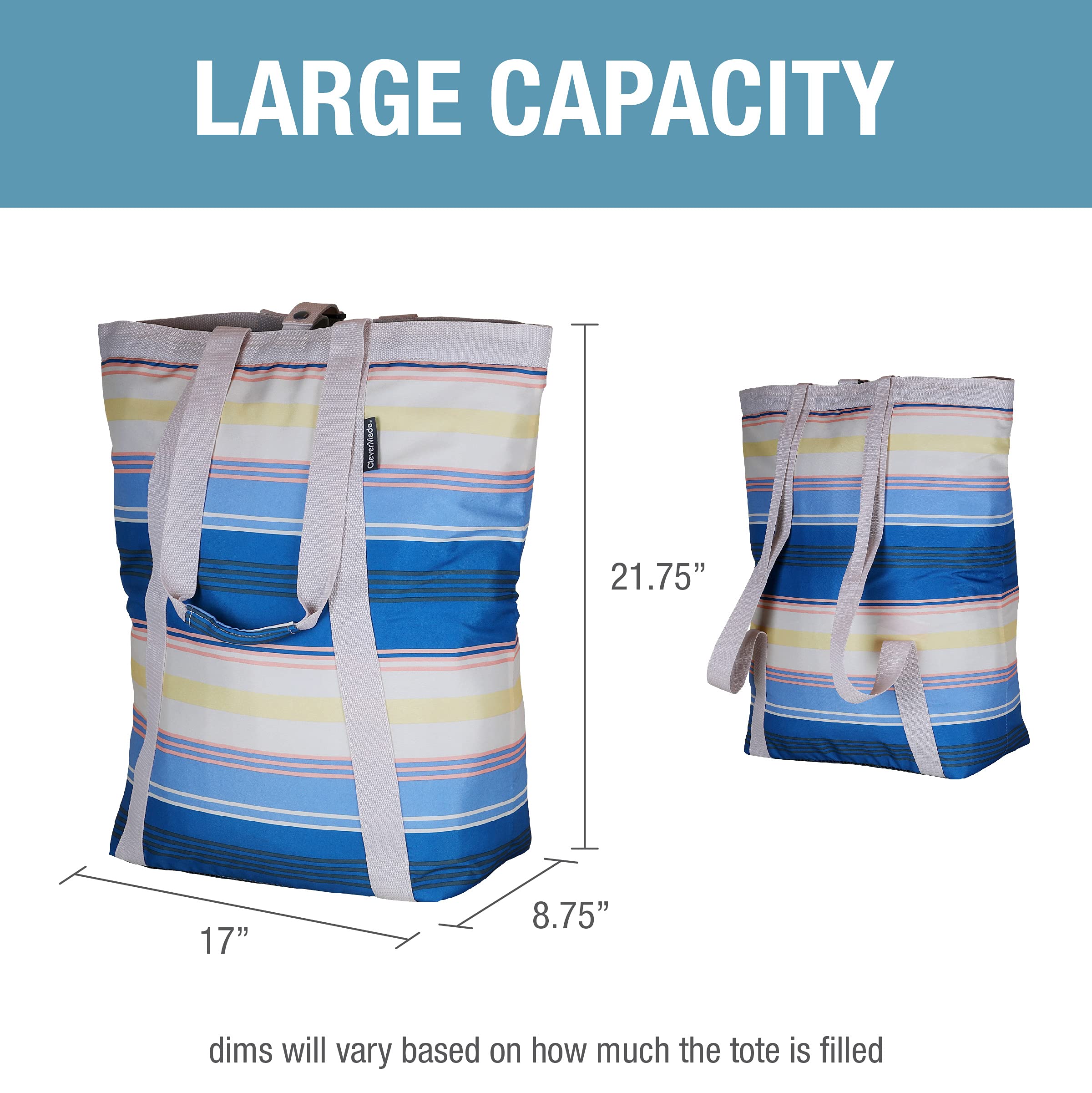 CleverMade Backpack Beach Tote with Mesh Bottom- Large Bag Great for Beach Days and Weekend Trips; Comfortable Carry Straps and Backpack Straps for Dual Carry Options, Blue/Cream