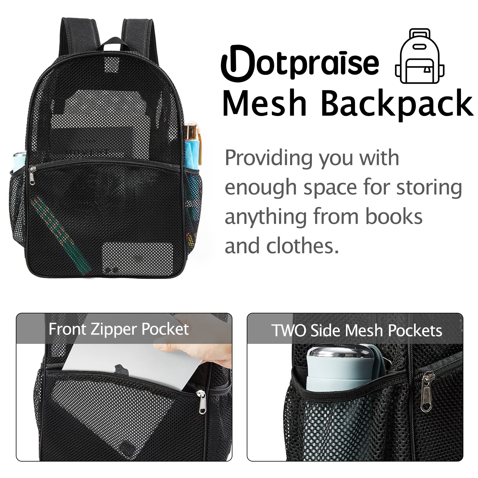 Dotpraise Heavy Duty Mesh Backpack, Lightweight See Through College Student Backpack with Comfort Padded Straps for Commuting, Swimming, Work, Travel, Outdoor Sport