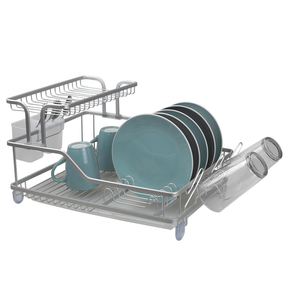 Home Basics 2-Tier Aluminum Dish Drying Storage Rack with Utensil Holder, Cup Holder & Draining Tray for Kitchen Countertop Sink