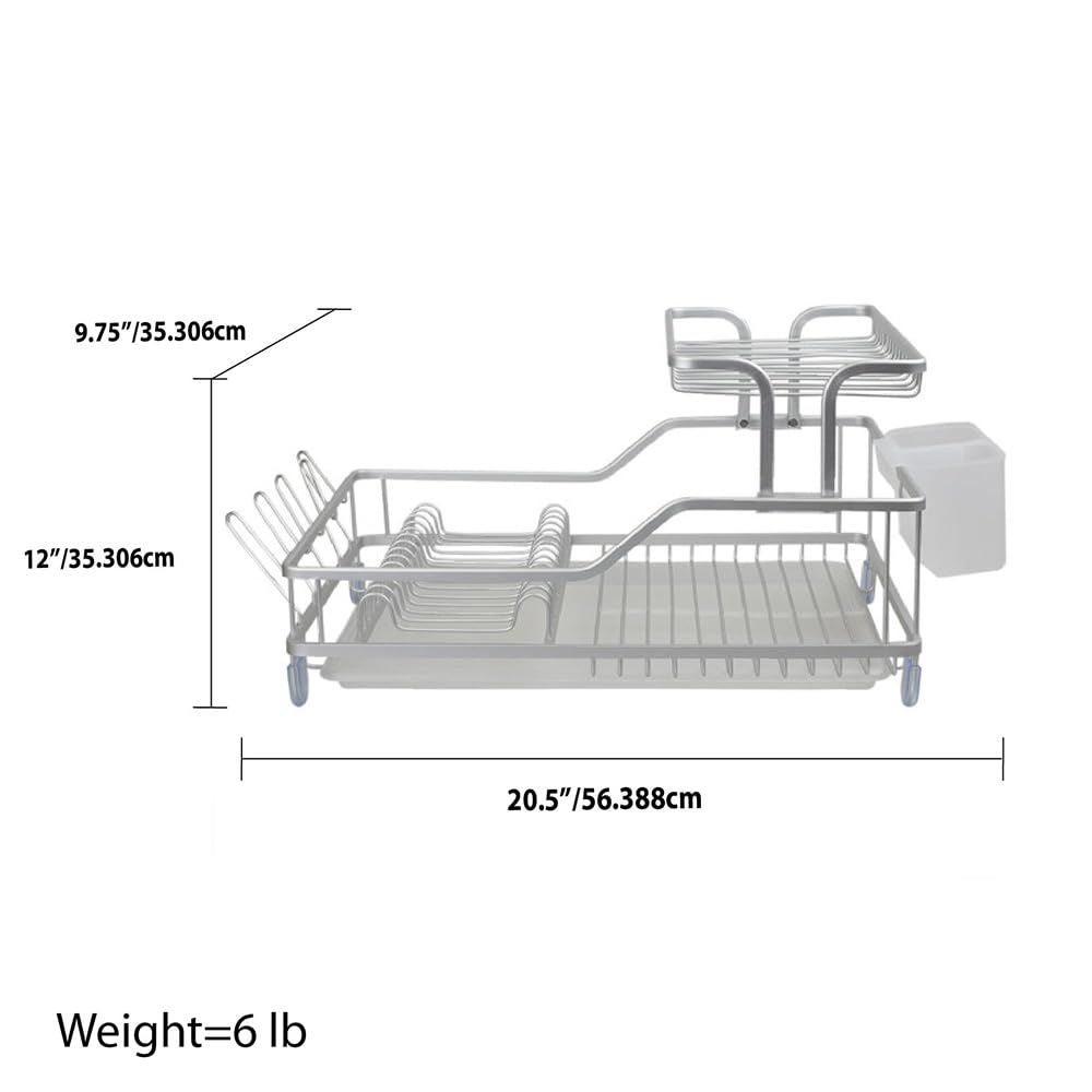 Home Basics 2-Tier Aluminum Dish Drying Storage Rack with Utensil Holder, Cup Holder & Draining Tray for Kitchen Countertop Sink