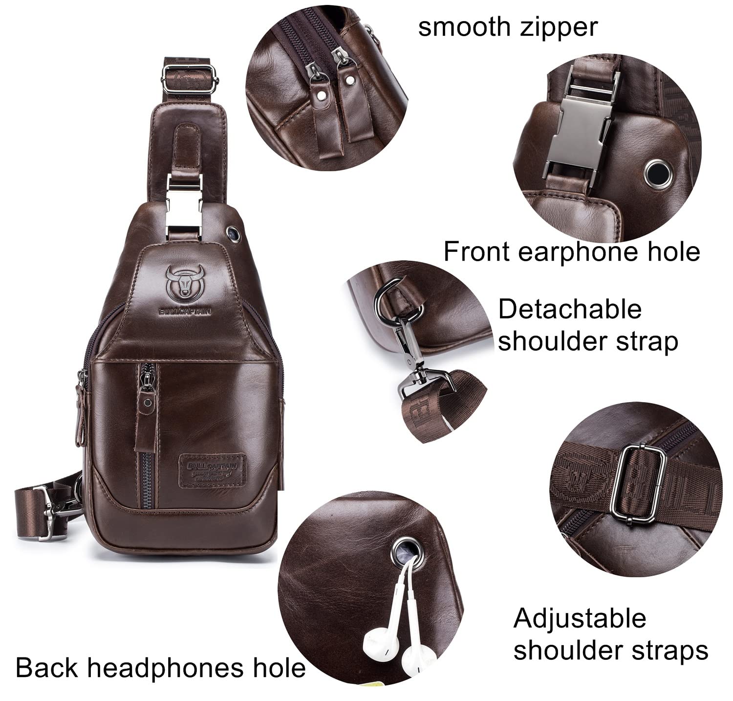 BULLCAPTAIN Sling Bag Genuine Leather Crossbody Backpack Outdoor Travel Chest Bag Daypack (Brown)