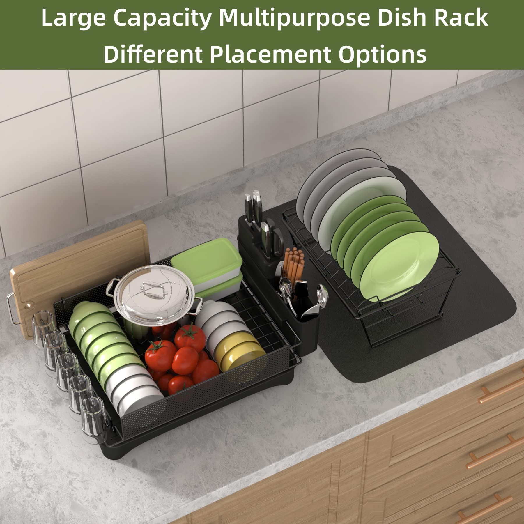 SUPPNEED Dish Drying Rack with Drainboard, 2 Tier Dish Drainer for Kitchen Counter, Utensil Holder, Cutting Board Holder and Extra Dryer Mat, Sink Dish Strainer, Black