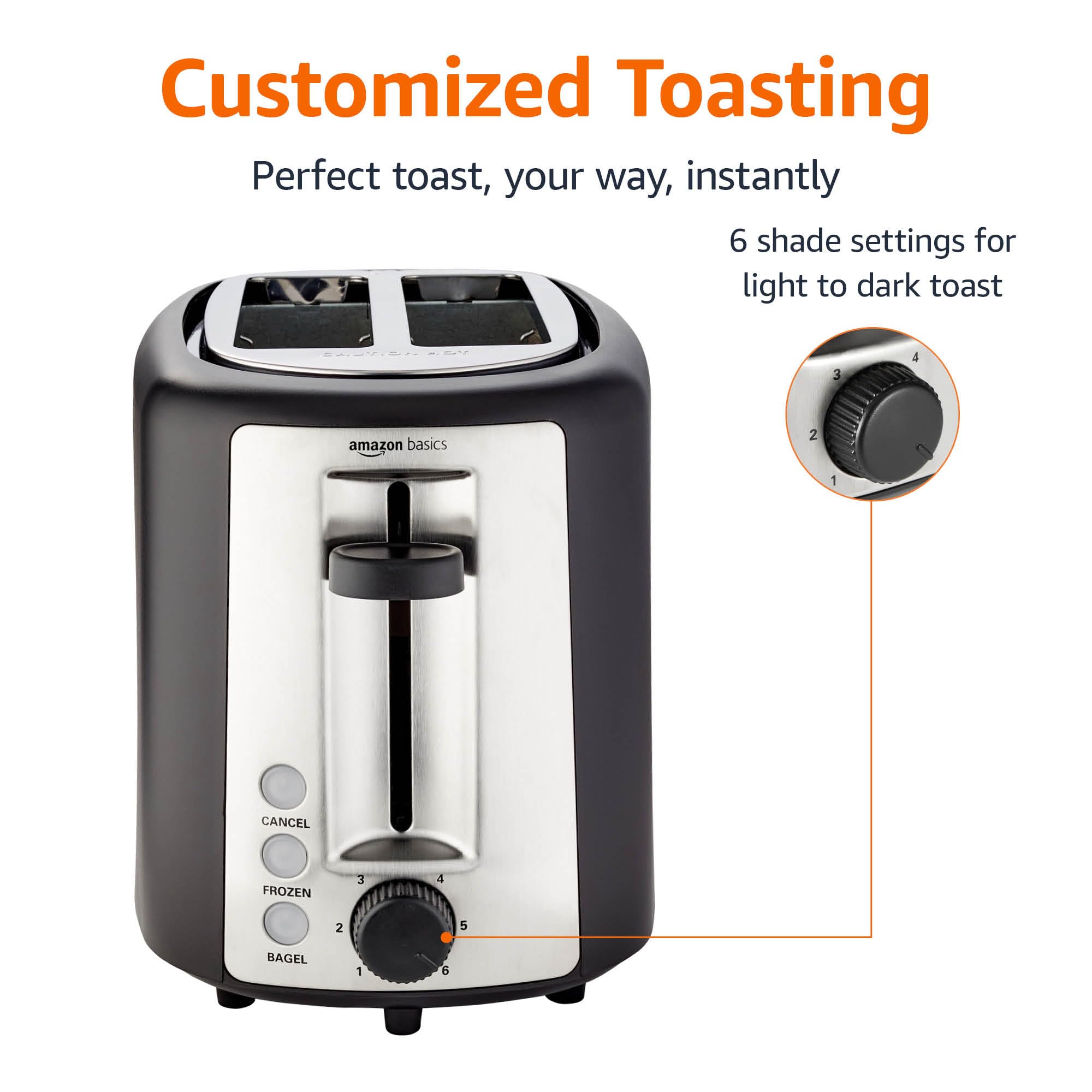 Amazon Basics 2 Slice, Extra-Wide Slot Toaster with 6 Shade Settings, Black