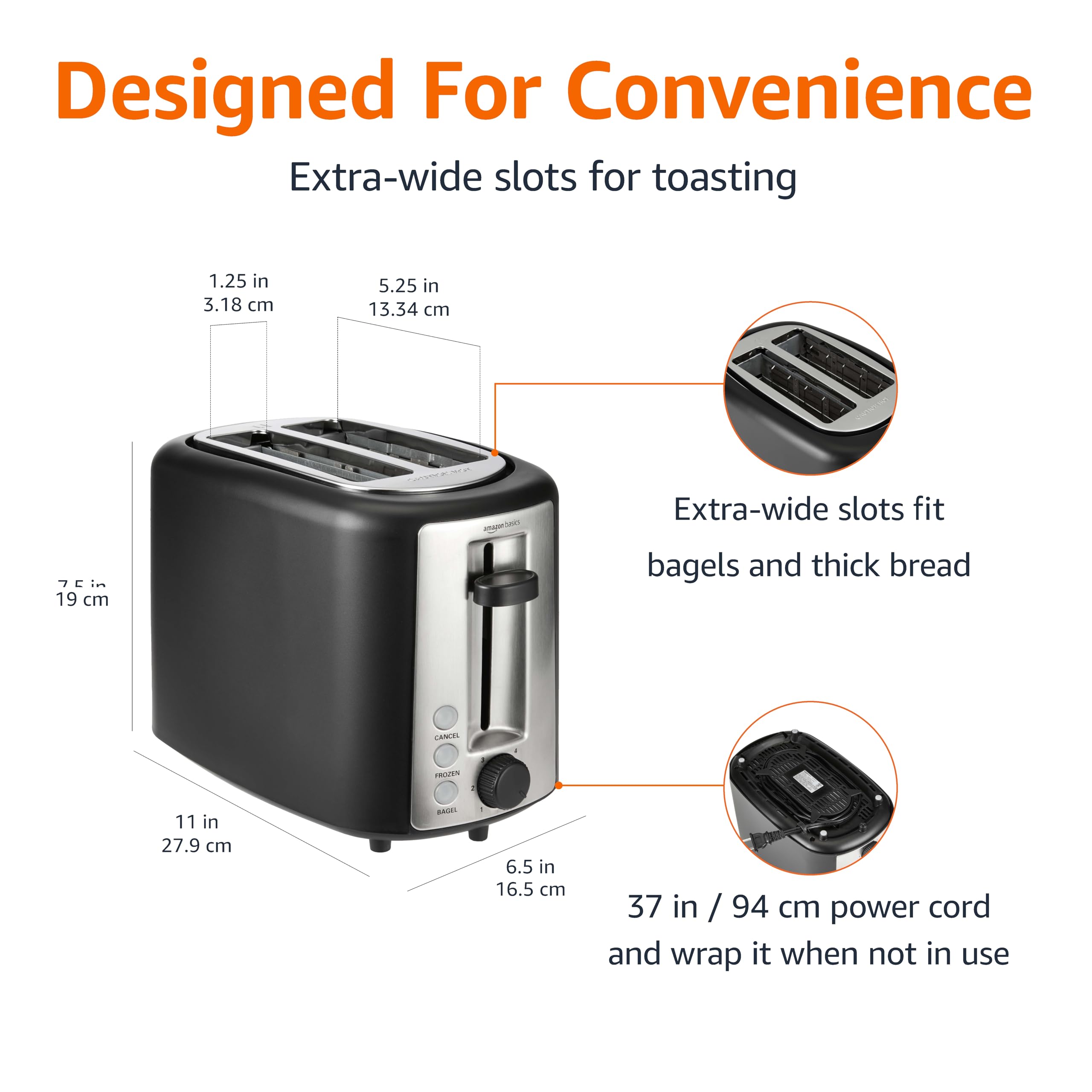Amazon Basics 2 Slice, Extra-Wide Slot Toaster with 6 Shade Settings, Black