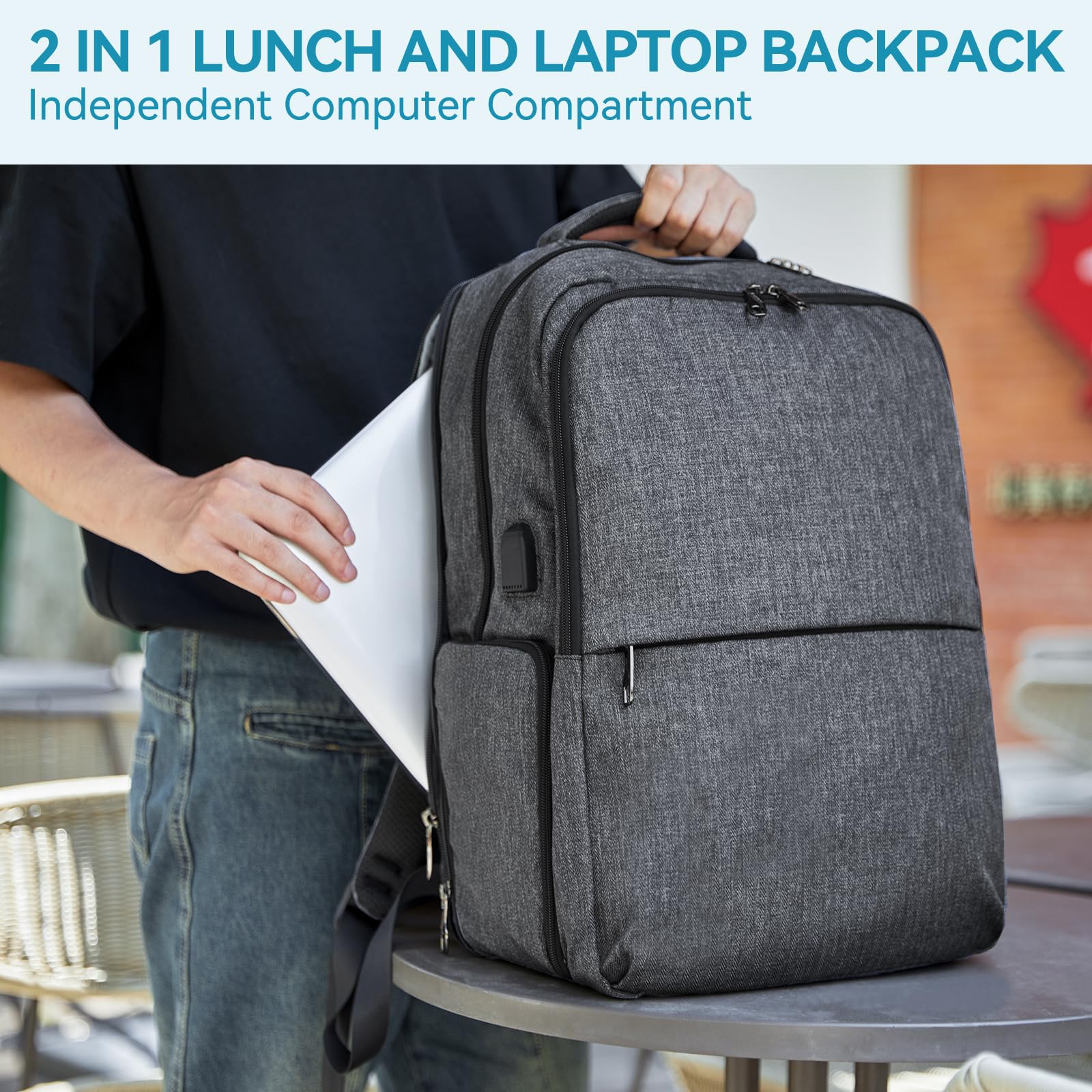 SLOTRA Lunch Backpack,17 Inch Laptop Backpack with Lunch Box USB Port Travel Computer Backpack Large Capacity Busniess Commute Bag