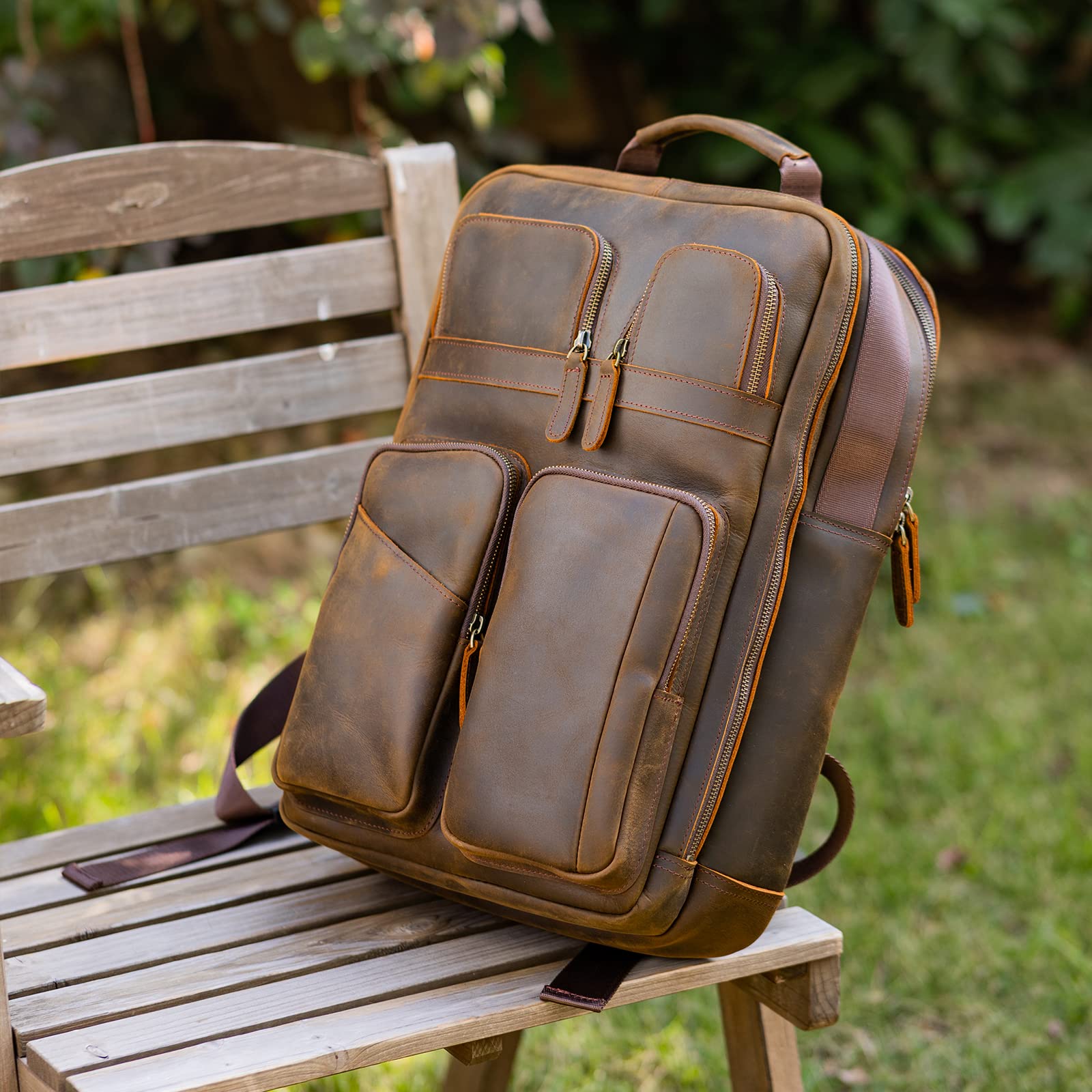 compalo Full Grain Leather Backpack for Men, 17.3 Inch Travel Laptop Backpack Multi Pockets DayPack Rucksack With YKK Zippers