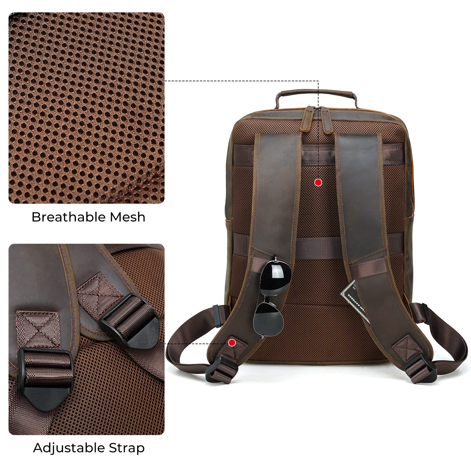 compalo Full Grain Leather Backpack for Men, 17.3 Inch Travel Laptop Backpack Multi Pockets DayPack Rucksack With YKK Zippers