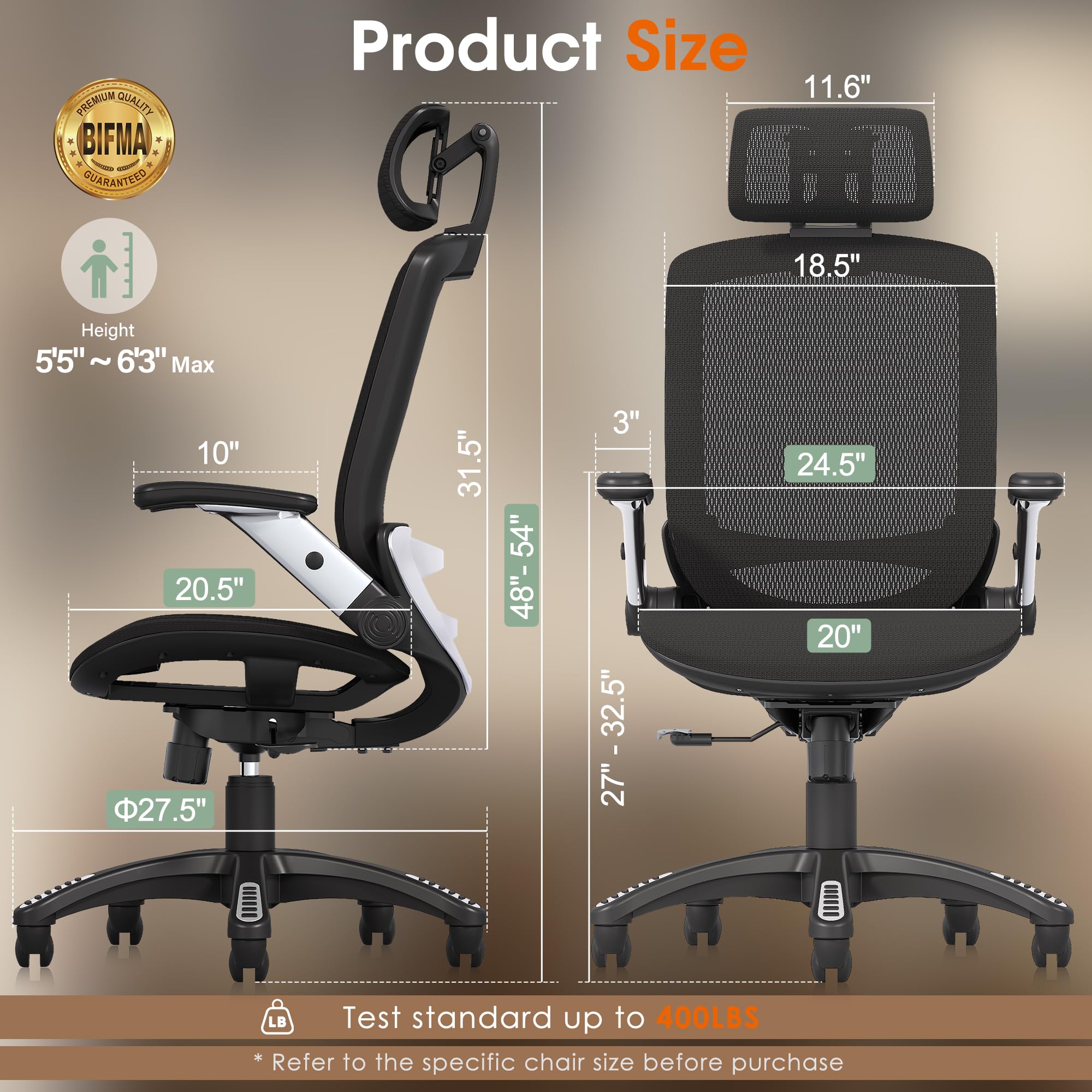 GABRYLLY Ergonomic Mesh Office Chair, High Back Desk Chair - Adjustable Headrest with Flip-Up Arms, Tilt Function, Lumbar Support and PU Wheels, Swivel Computer Task Chair