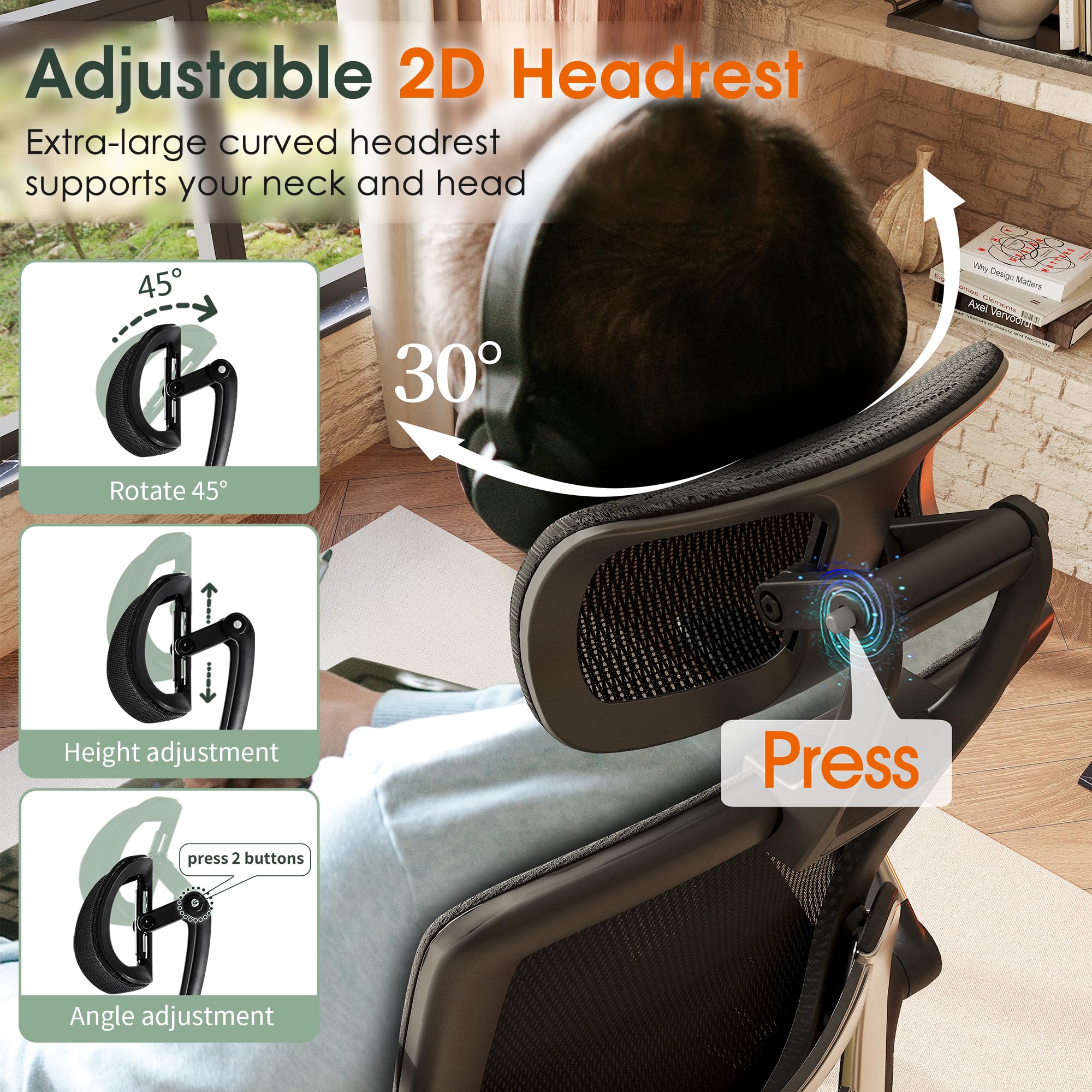 GABRYLLY Ergonomic Mesh Office Chair, High Back Desk Chair - Adjustable Headrest with Flip-Up Arms, Tilt Function, Lumbar Support and PU Wheels, Swivel Computer Task Chair