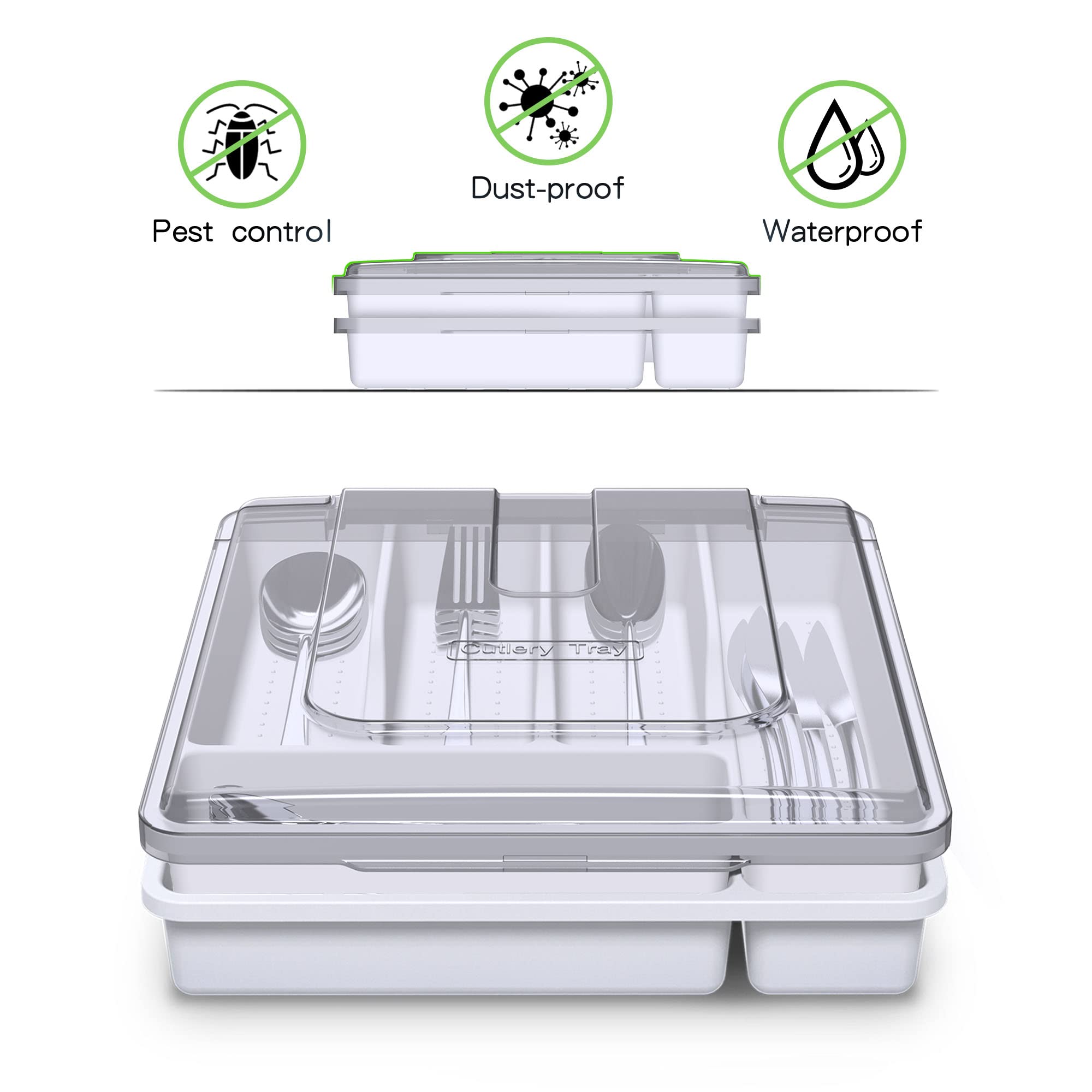 QINOL Silverware Holder with Lid, Double Layer Utensil Tray with Cover Large Flatware Organizer Plastic Cutlery Container for Kitchen Drawer Countertop 10 Compartments, White