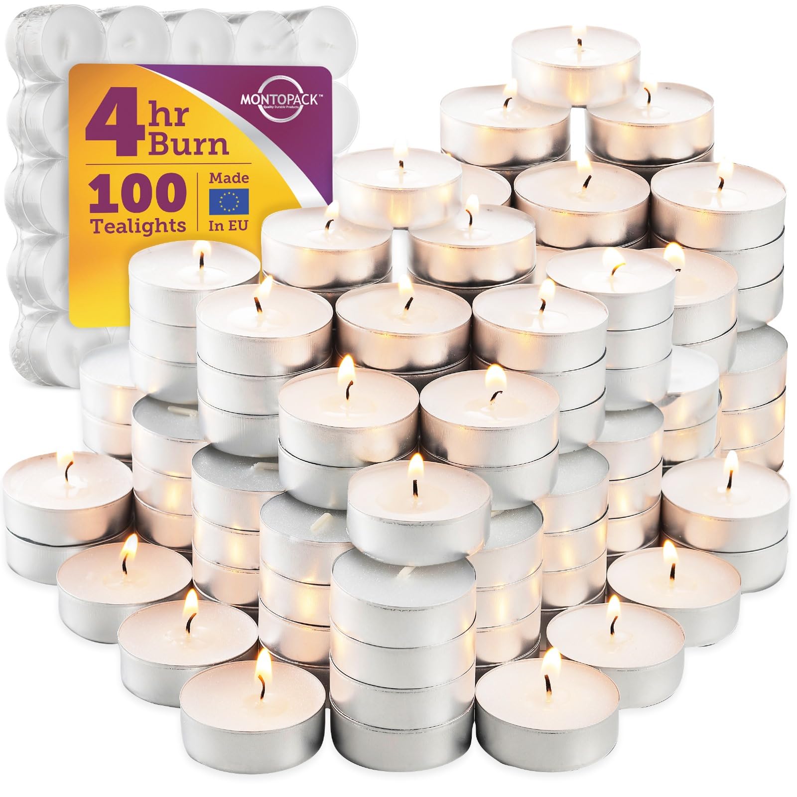 MontoPack Unscented Tea Lights Candles in Bulk | 100 White, Smokeless, Dripless & Long Lasting Paraffin Tea Candles | Small Votive Mini Tealight Candles for Home, Pool, Shabbat, Weddings & Emergencies