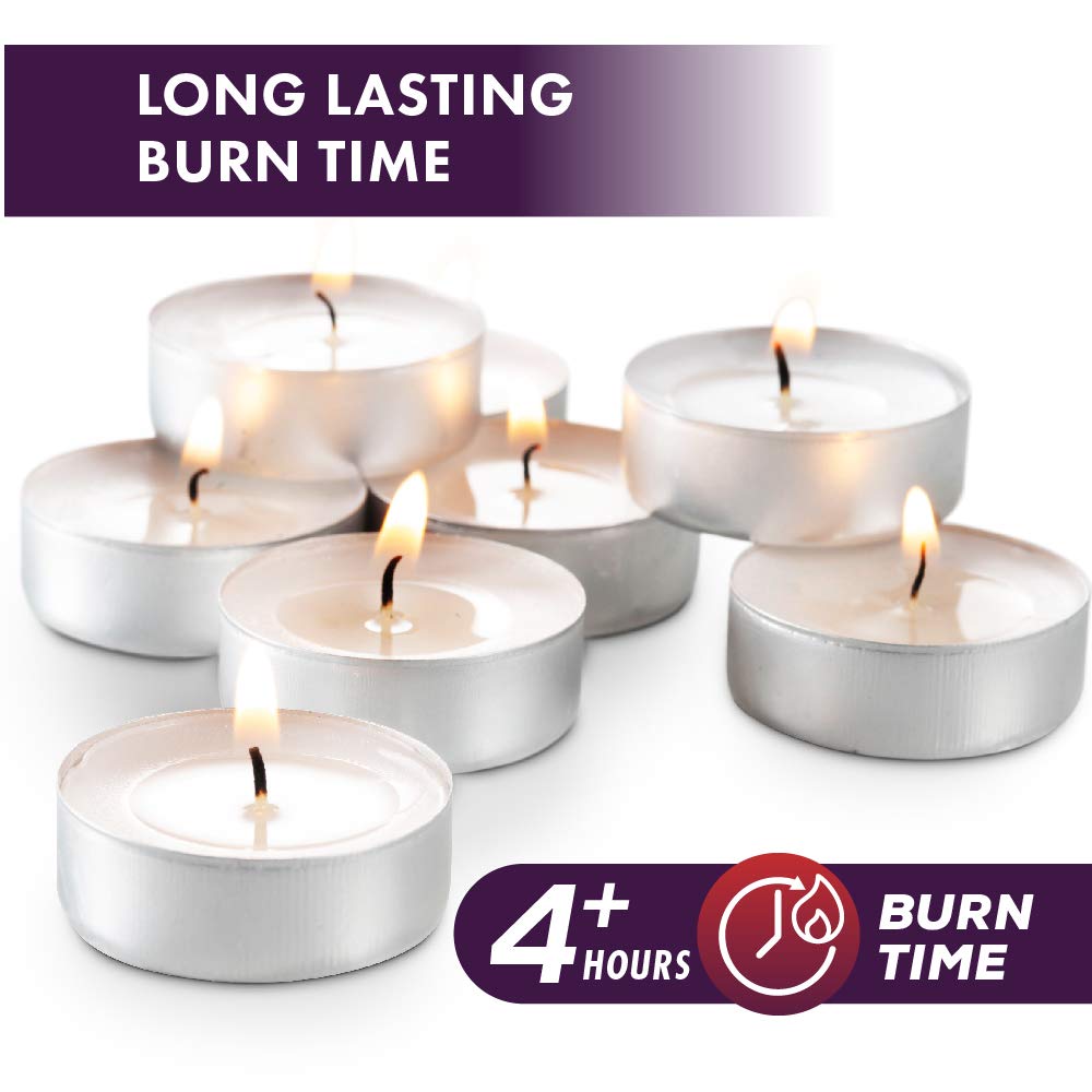 MontoPack Unscented Tea Lights Candles in Bulk | 100 White, Smokeless, Dripless & Long Lasting Paraffin Tea Candles | Small Votive Mini Tealight Candles for Home, Pool, Shabbat, Weddings & Emergencies