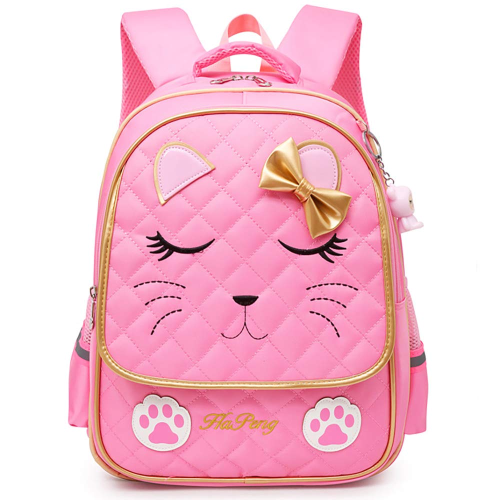 Chamqueen Cute Cat Face Bowknot School Backpack Kids School Bookbag Princess Backpack for Girls Students Pink