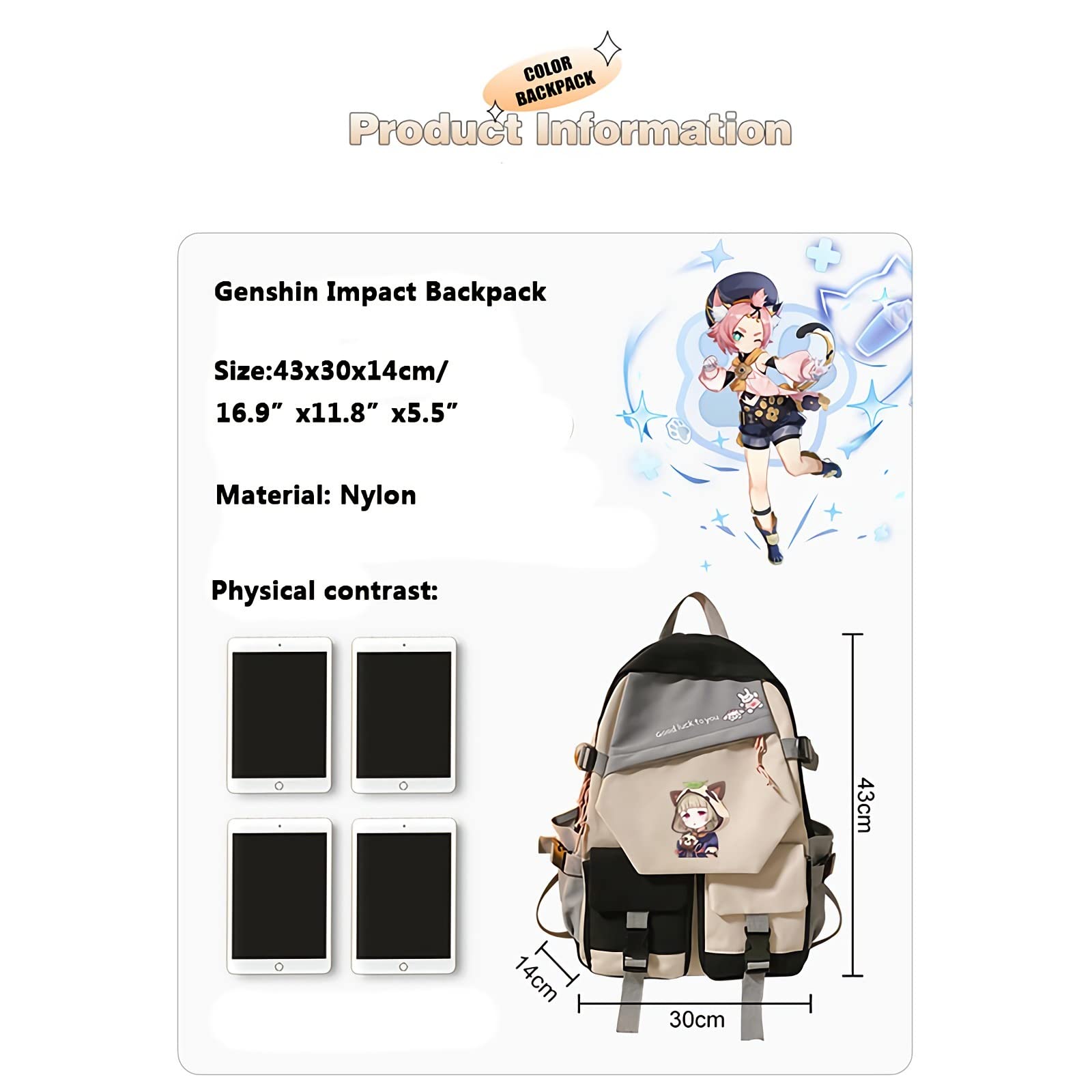 GBin Genshin Impact 17"Backpack Kazuha Printed Bookbag 17"Large Capacity Laptop Back Pack