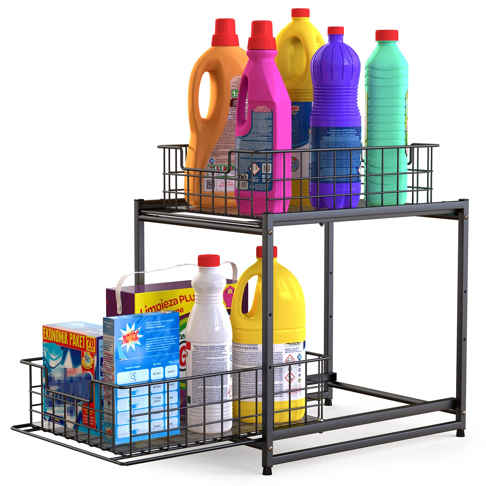 FavoThings Stackable 2-Tier Kitchen Cabinet Organizer Extra Wide Under Sink Organizer Rack with Sliding Storage Basket Drawers, Black