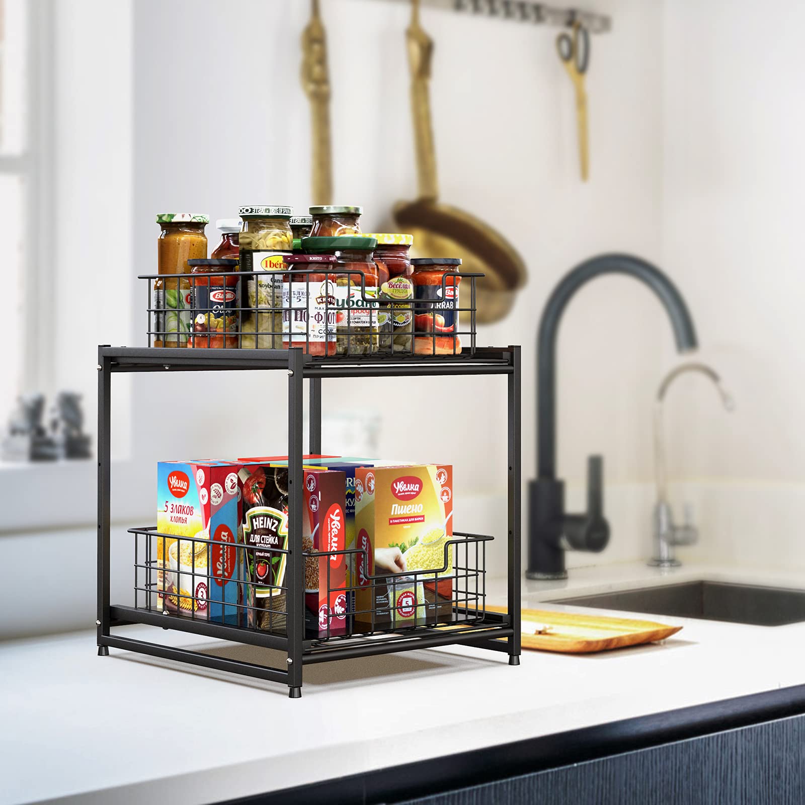FavoThings Stackable 2-Tier Kitchen Cabinet Organizer Extra Wide Under Sink Organizer Rack with Sliding Storage Basket Drawers, Black