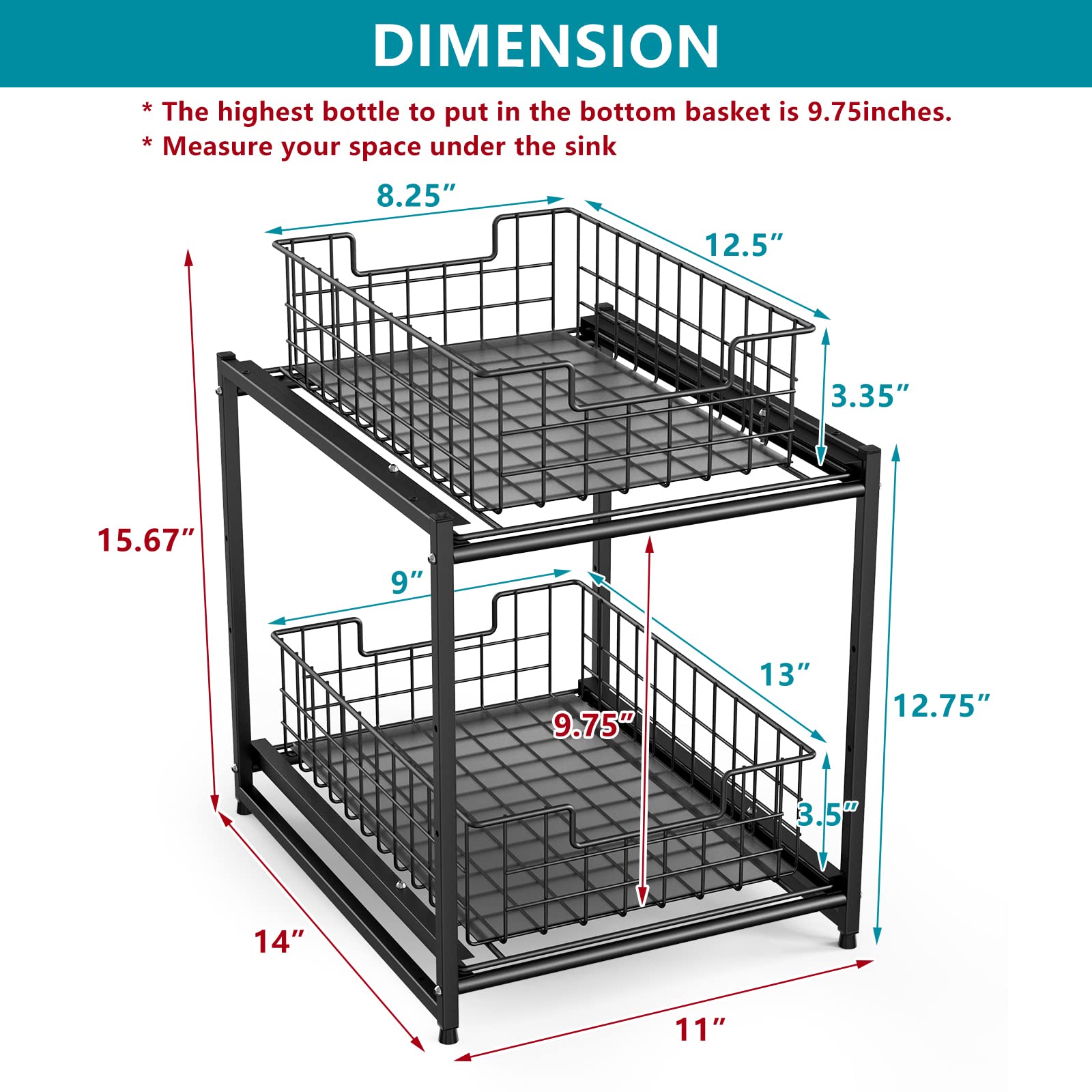 FavoThings Stackable 2-Tier Kitchen Cabinet Organizer Extra Wide Under Sink Organizer Rack with Sliding Storage Basket Drawers, Black