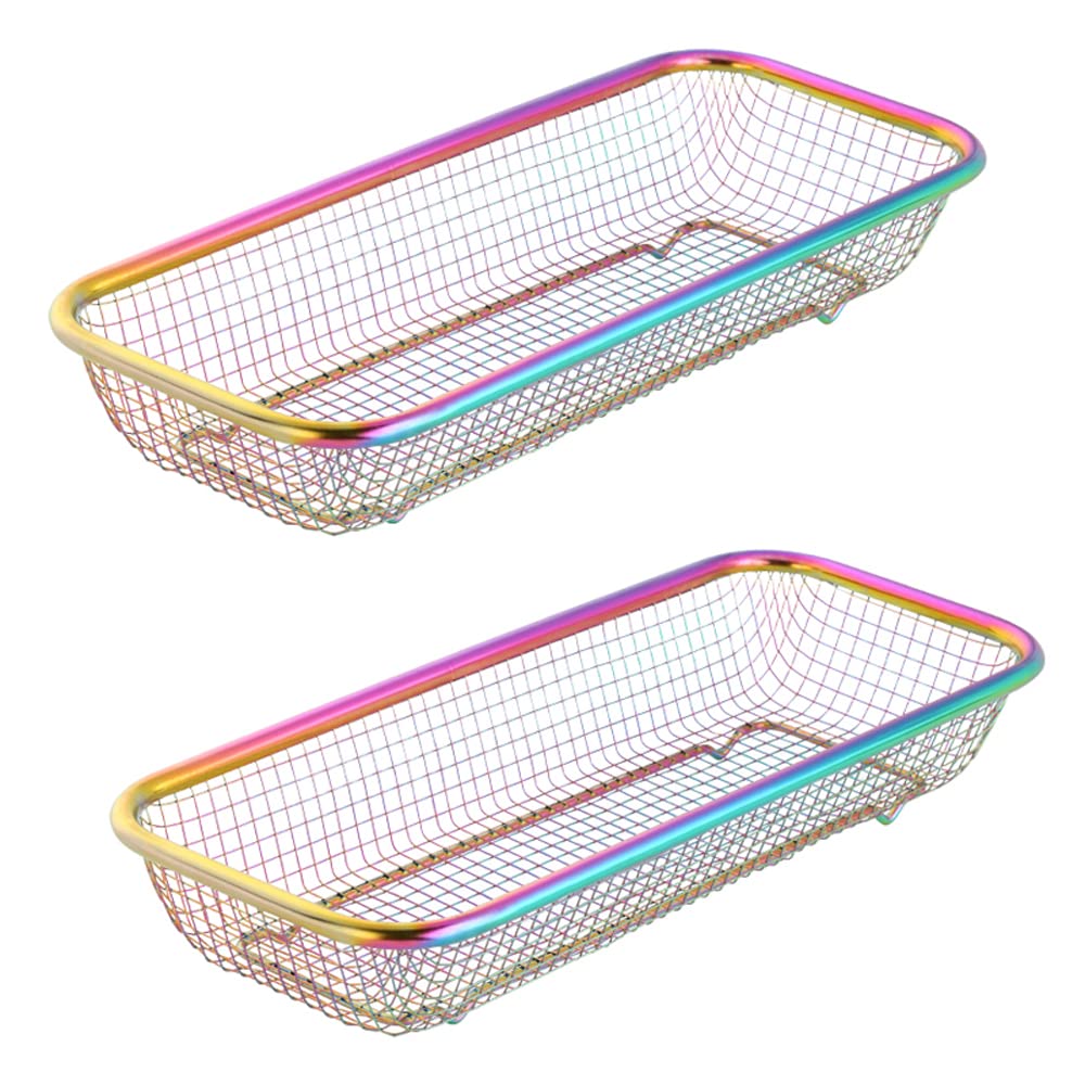 Kitchen Drawer Organizer, BuyGo Stainless Steel Storage Container Metal Cabinet Storage Basket for Holding Silverware Kitchen Utensil, Pack of 2, Rainbow