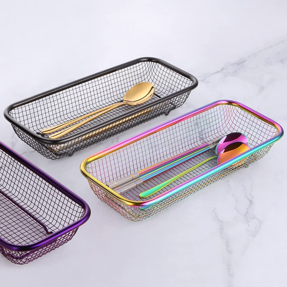 Kitchen Drawer Organizer, BuyGo Stainless Steel Storage Container Metal Cabinet Storage Basket for Holding Silverware Kitchen Utensil, Pack of 2, Rainbow
