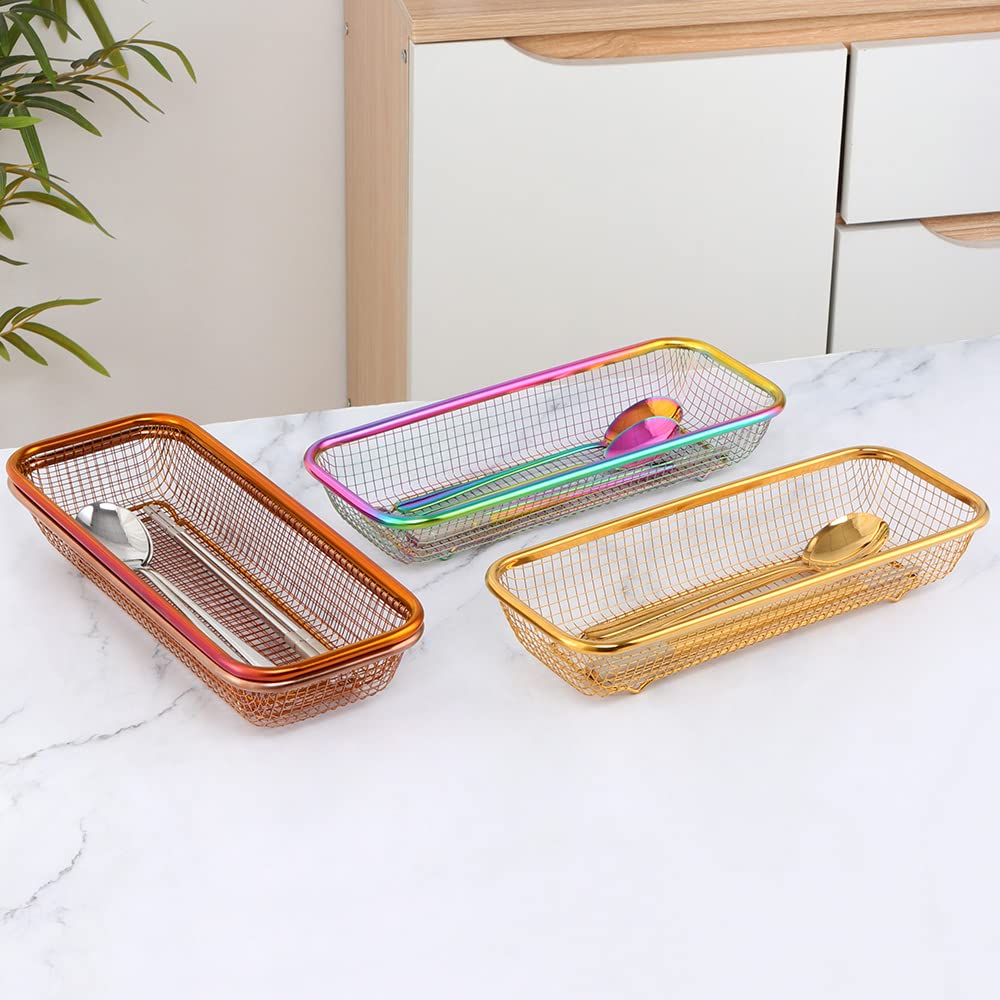 Kitchen Drawer Organizer, BuyGo Stainless Steel Storage Container Metal Cabinet Storage Basket for Holding Silverware Kitchen Utensil, Pack of 2, Rainbow