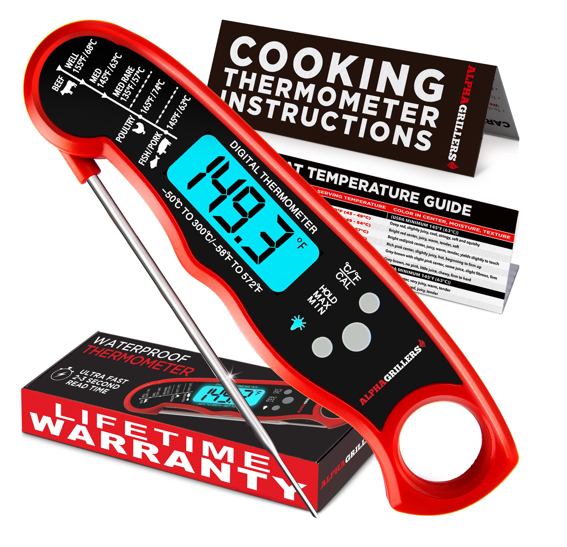 Alpha Grillers Instant Read Meat Thermometer for Grill and Cooking. Best Waterproof Ultra Fast Thermometer with Backlight & Calibration. Digital Food Probe for Kitchen, Outdoor Grilling and BBQ!