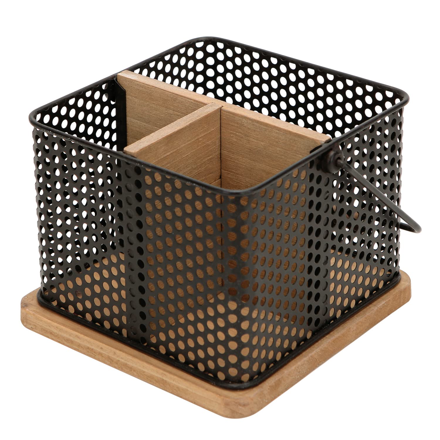 NIKKY HOME Utensil Caddy, Black Metal Caddy with 3 Compartments, Mesh Flatware Holder Organizer with Wooden Handle Perfect for Home, Kitchen, Countertop, Party, Camping, Outdoor and Restaurant