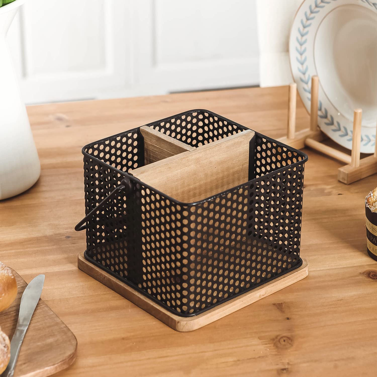 NIKKY HOME Utensil Caddy, Black Metal Caddy with 3 Compartments, Mesh Flatware Holder Organizer with Wooden Handle Perfect for Home, Kitchen, Countertop, Party, Camping, Outdoor and Restaurant