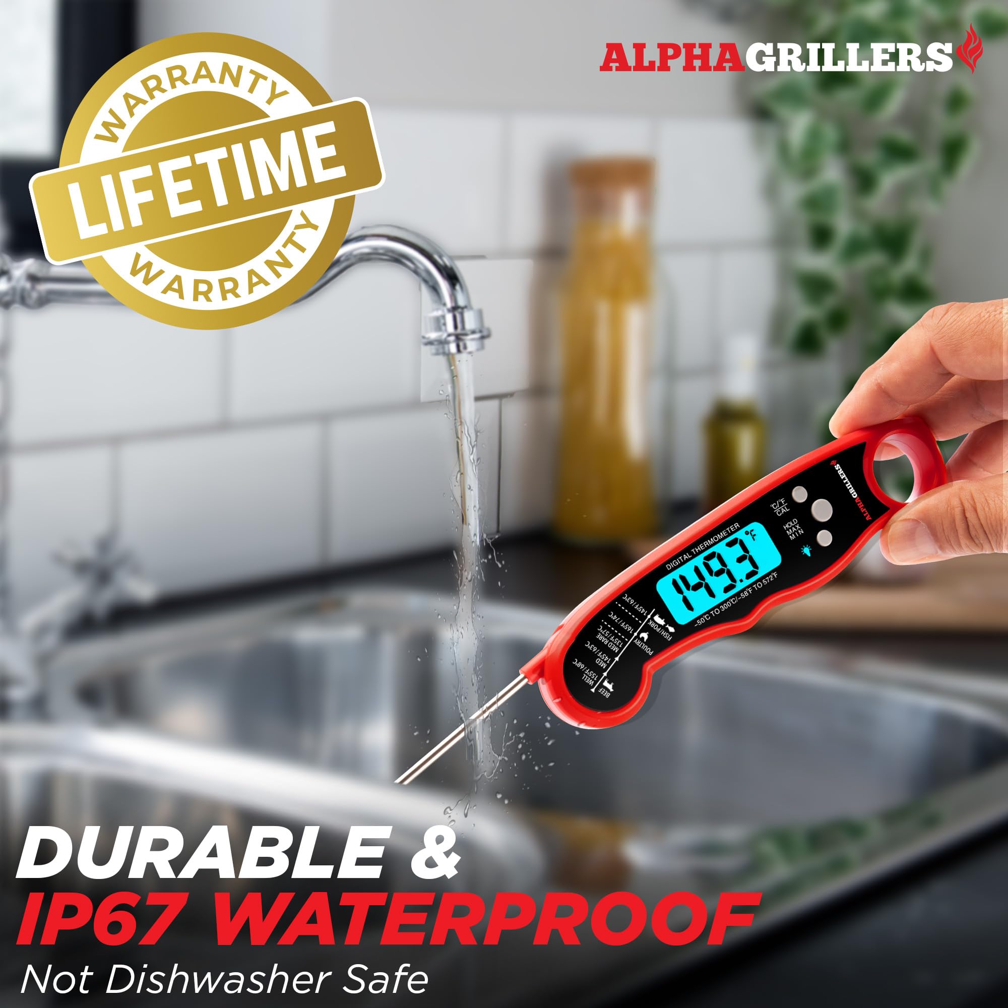 Alpha Grillers Instant Read Meat Thermometer for Grill and Cooking. Best Waterproof Ultra Fast Thermometer with Backlight & Calibration. Digital Food Probe for Kitchen, Outdoor Grilling and BBQ!