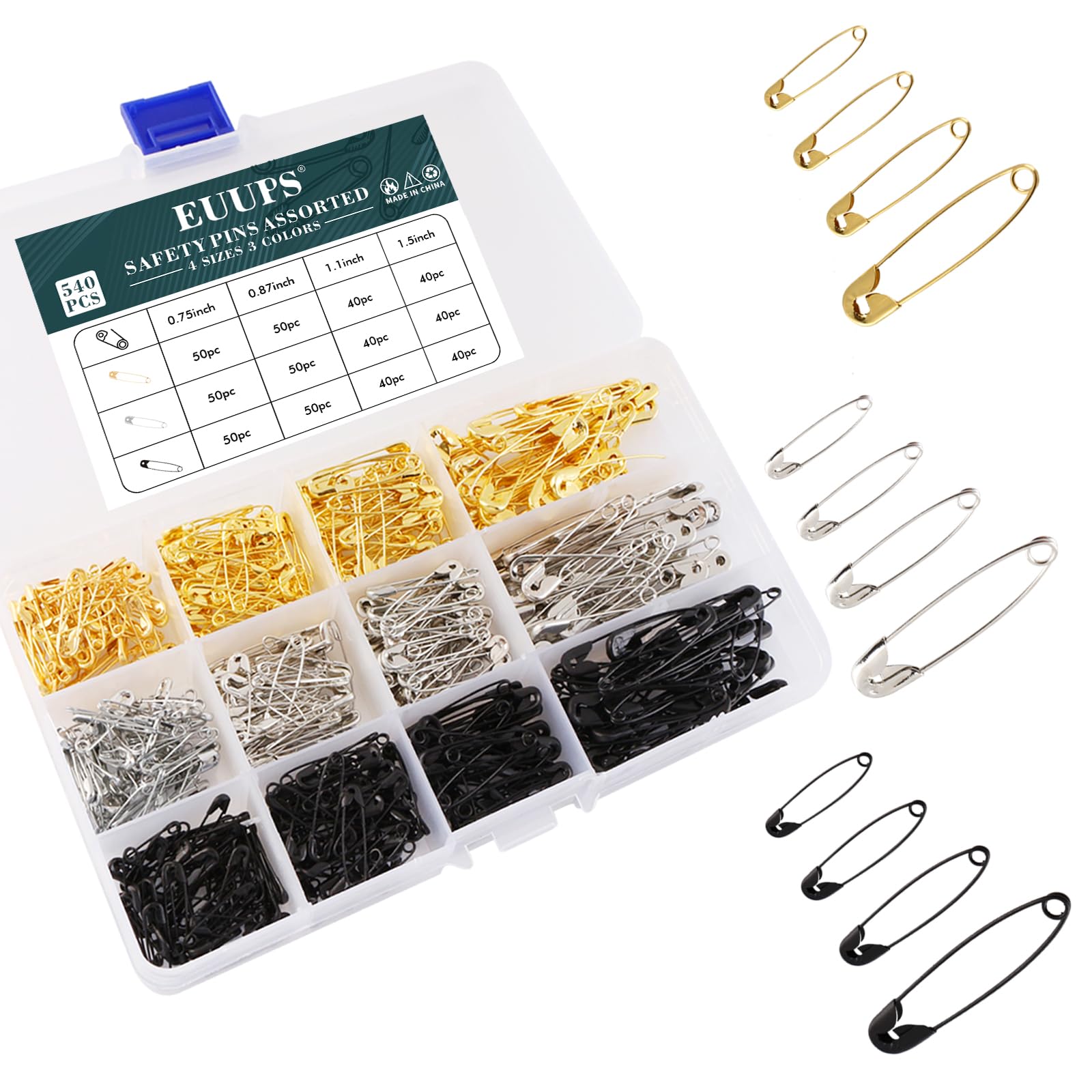 540PCS Safety Pins, EUUPS 4 Sizes Safety Pins Assorted, Durable & Large Strong Safety Pins Bulk for Art Craft Sewing Jewelry Making Home Office Use with Storage Box, Gold Silver Black